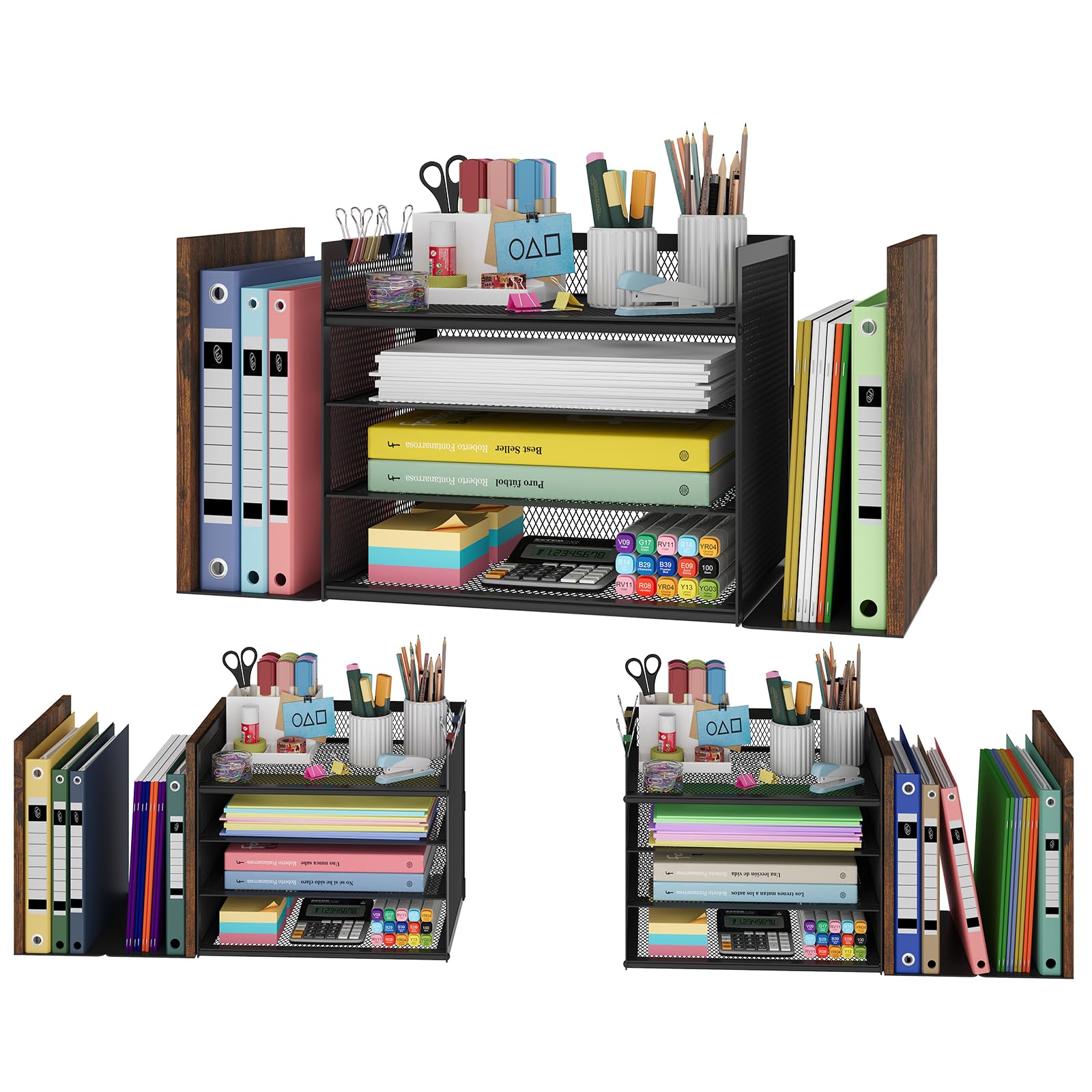 Amazon.com: Adjustable Bookend Desk Organizer, 4-Tier Wooden Expandable ...
