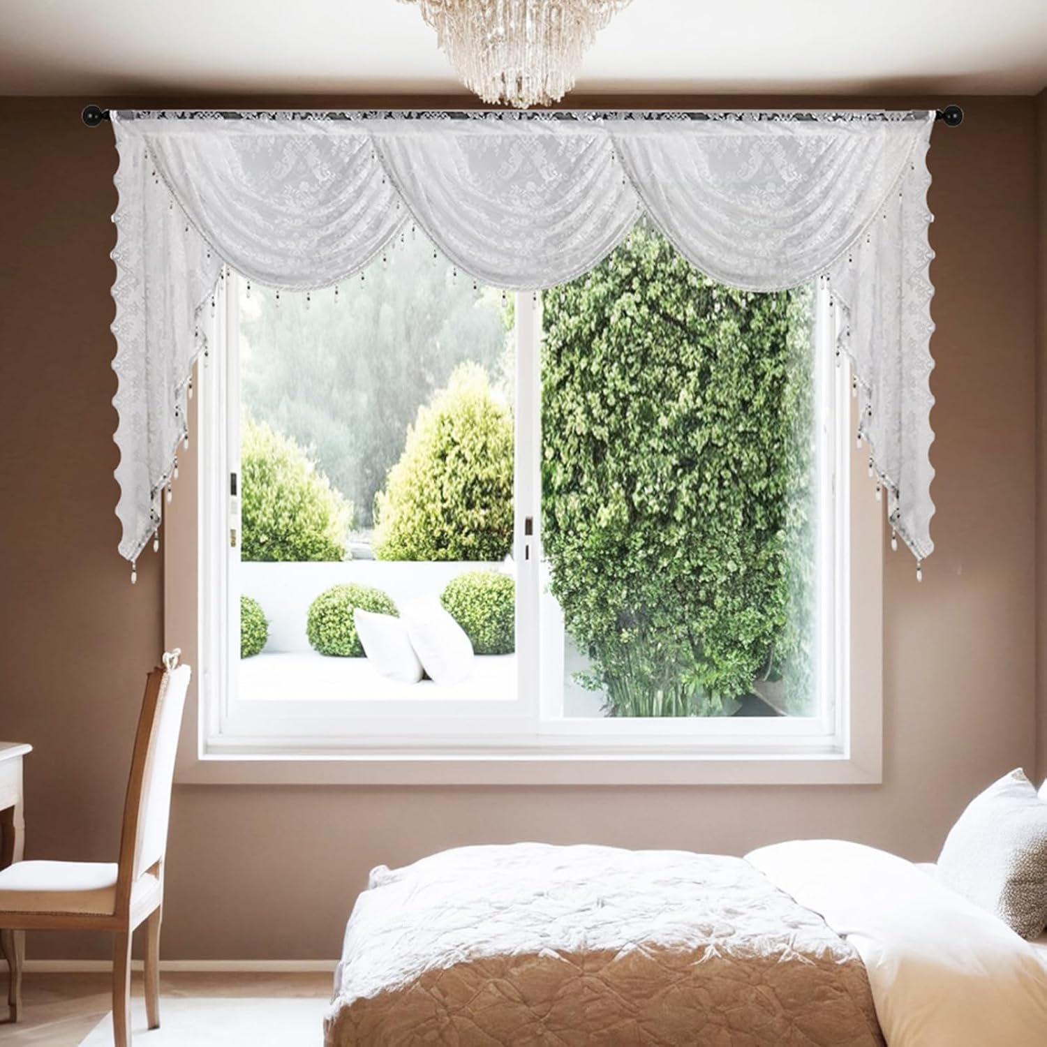 Amazon.com: Huierxun White Lace Waterfall Window Valance with Bead ...