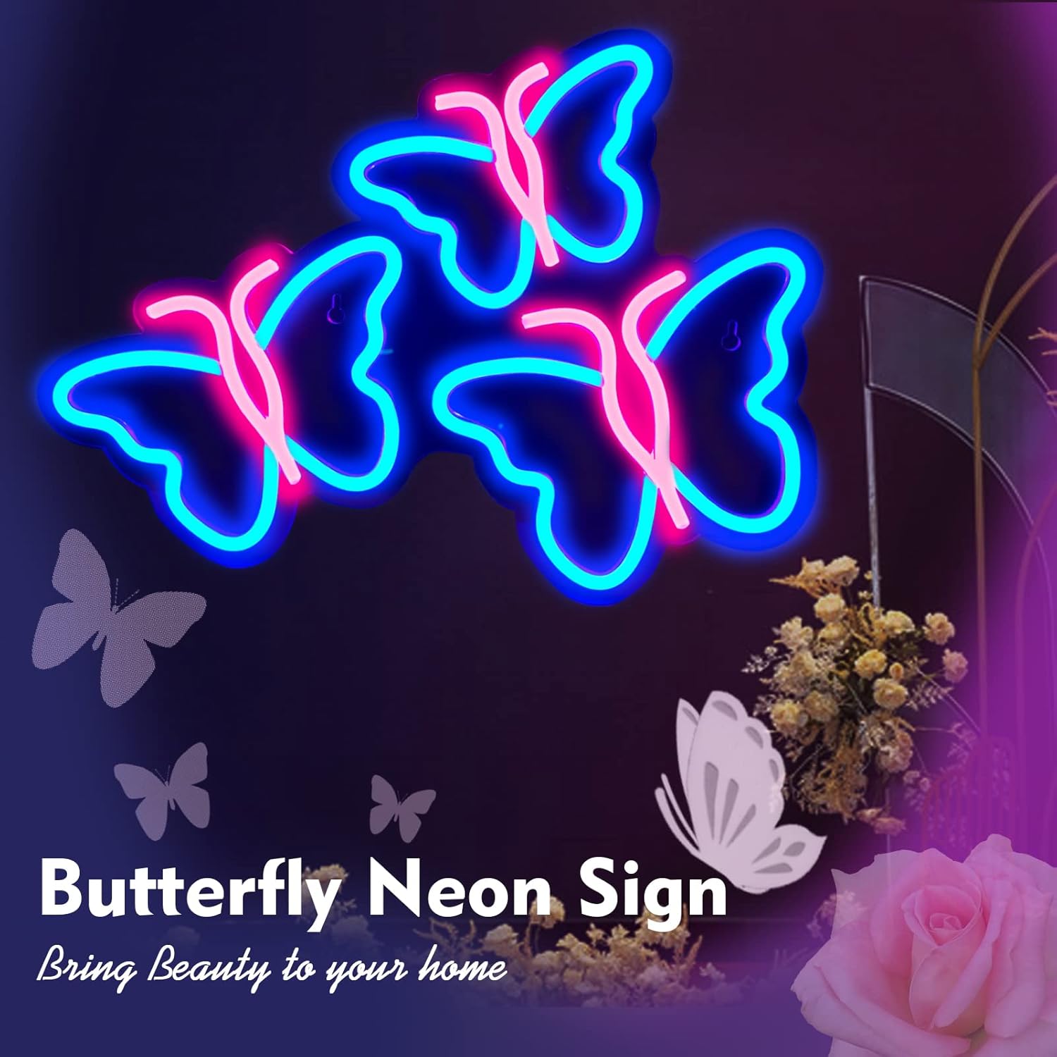 Buy Butterfly Neon Sign - Blue/Pink Three Butterfly Neon Light for Wall ...