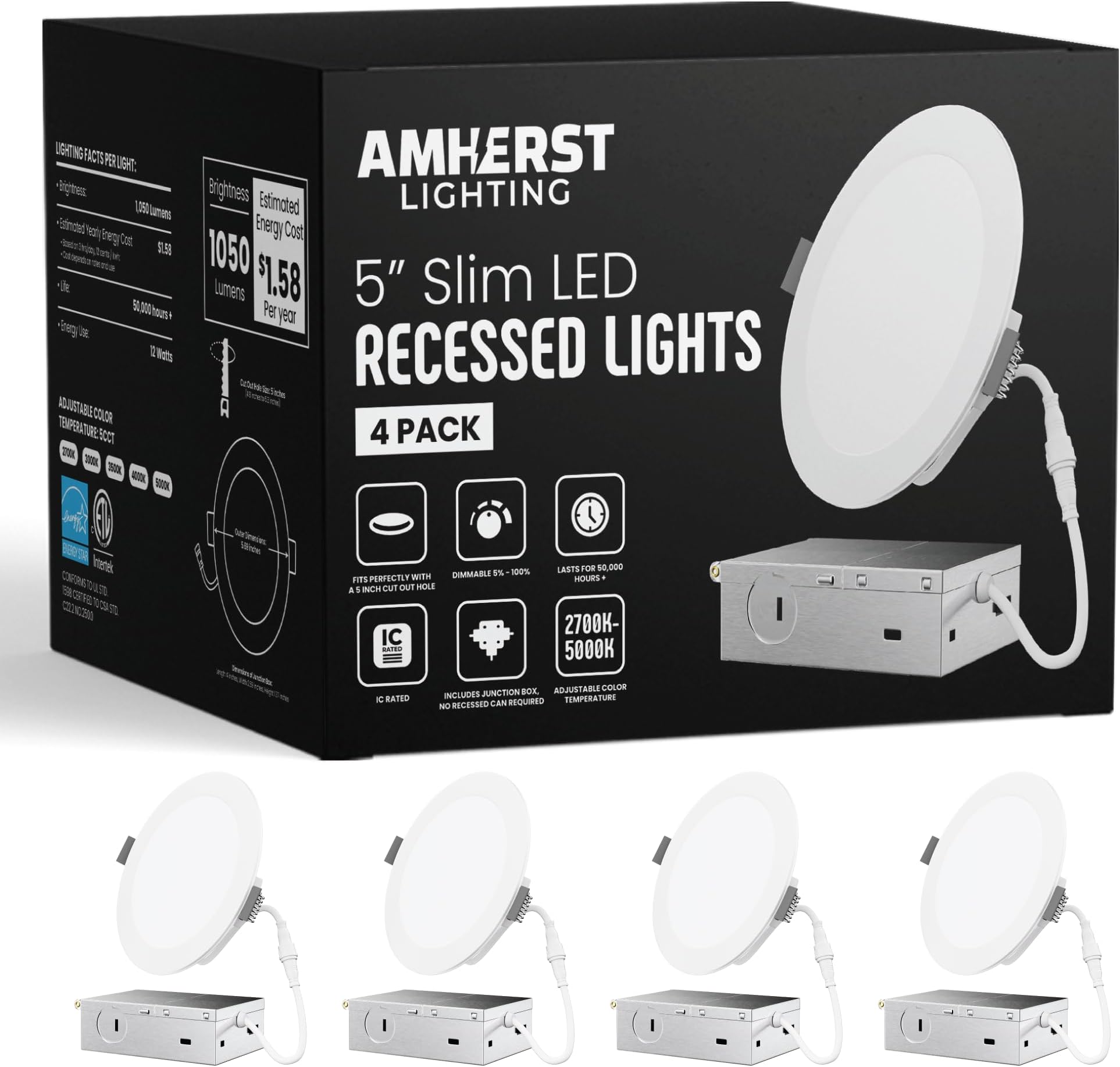 5" Slim LED Recessed Lights, 4 Pack, 5CCT Selectable Color Temperature ...