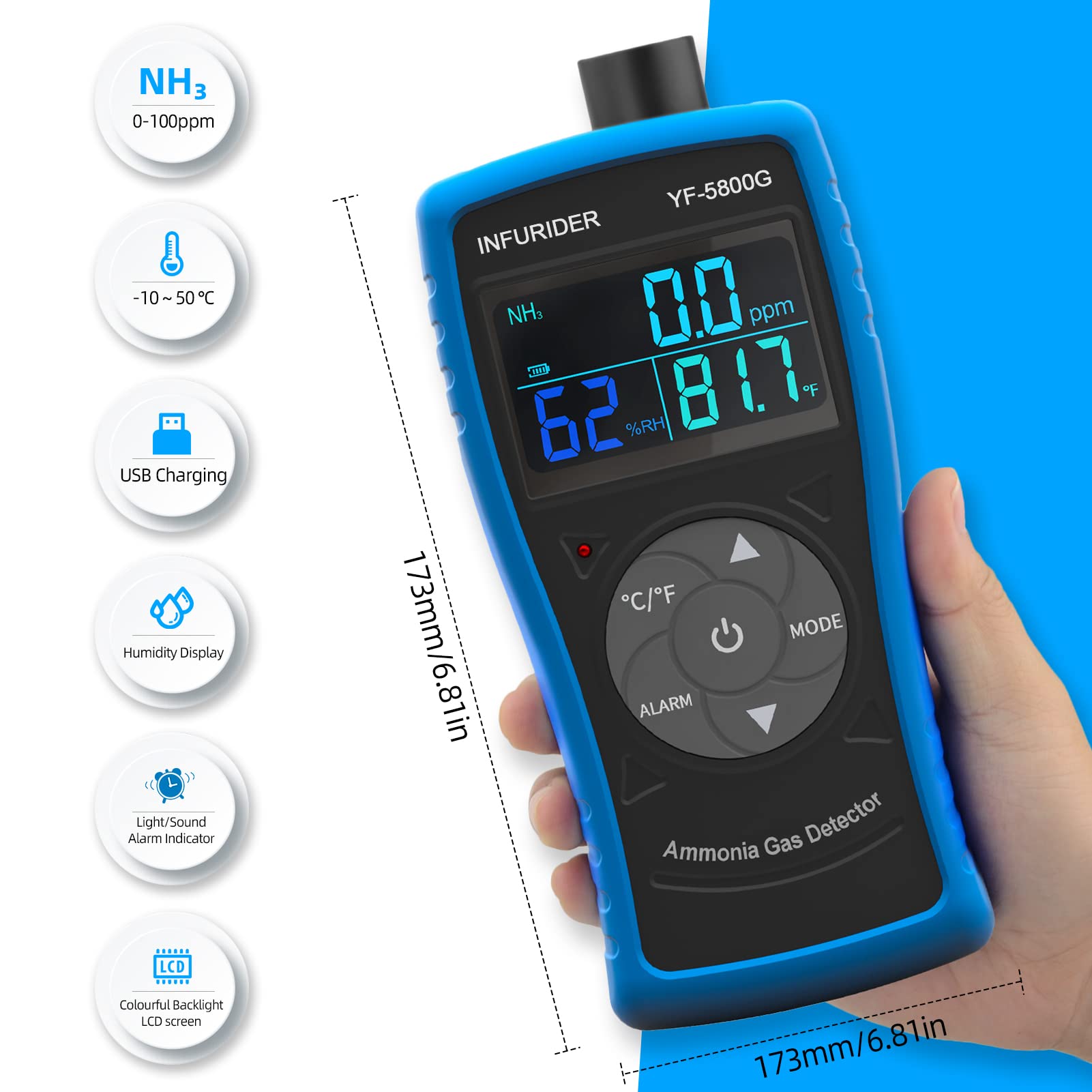 Snapklik.com : Portable Ammonia Gas Detector, USB Rechargeable NH3 Gas ...