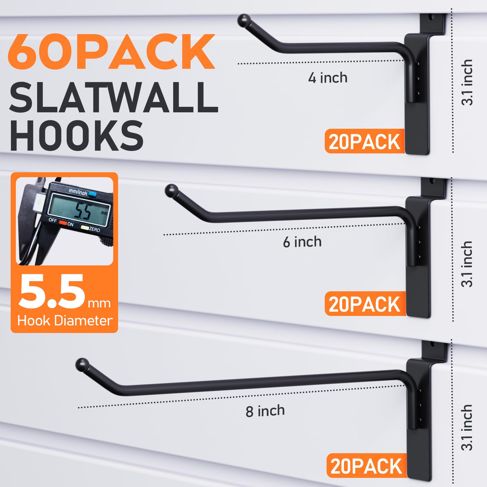 Snapklik.com : 60 Pack Slatwall Hooks, 4/6/8 Inch Heavy Duty Black Slat ...