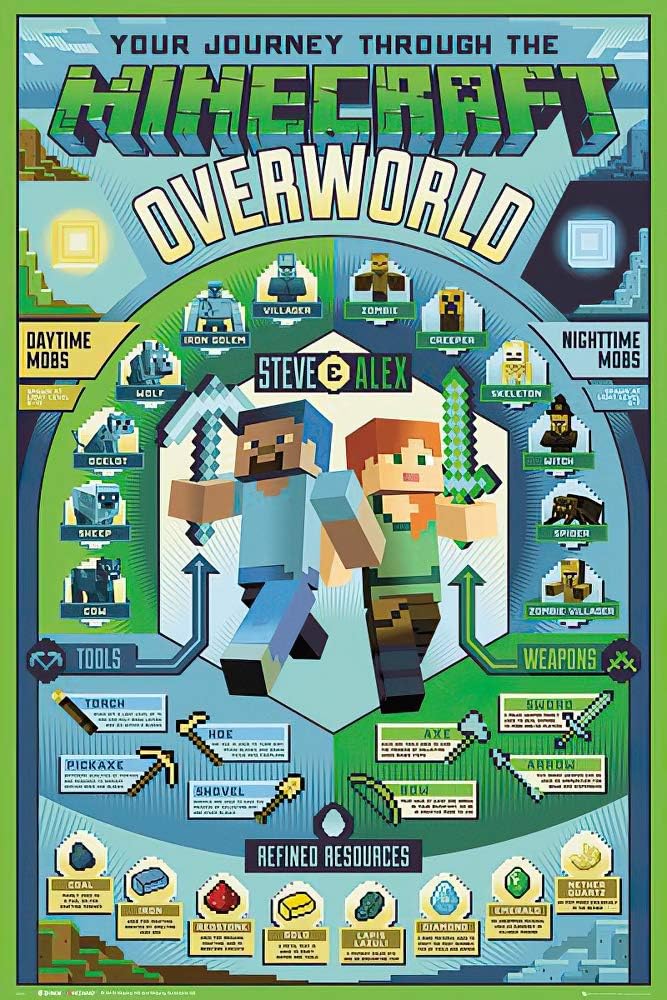 Amazon.com: Minecraft Overworld - Gaming Poster (Daytime & Nighttime ...