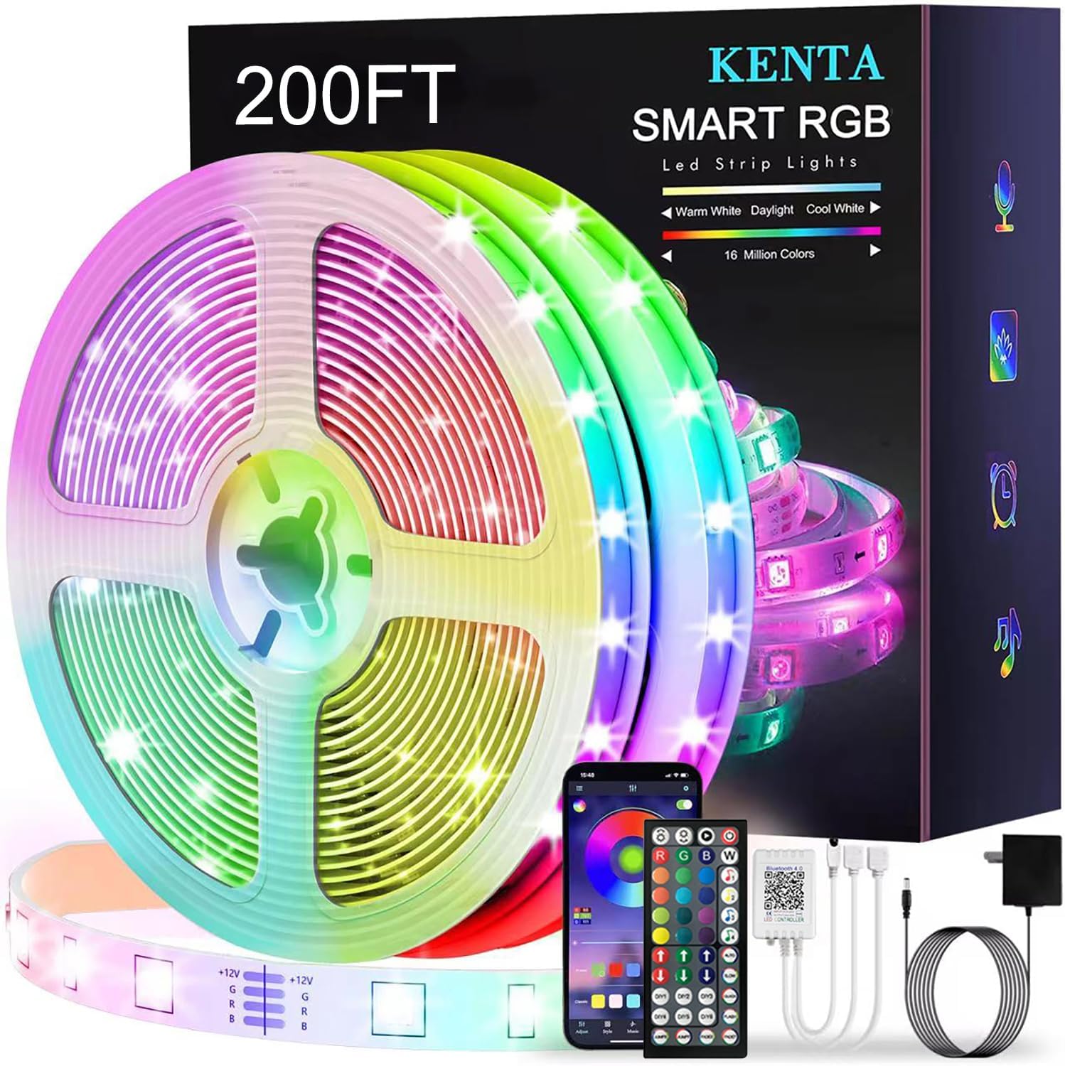 KENTA Led Strip Lights 200ft (2 Rolls of 100ft) Smart Light Strips with ...