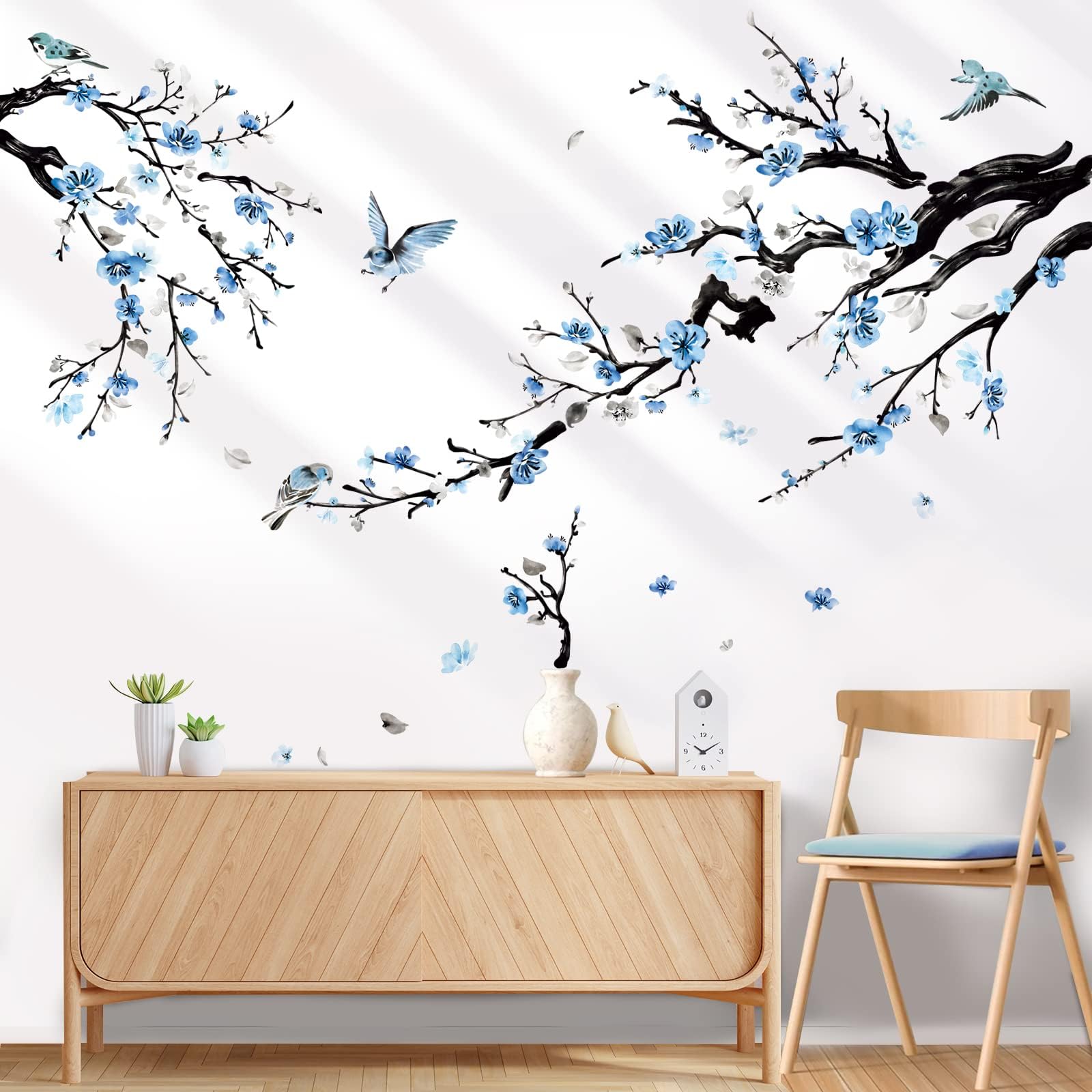 decalmile Stickers Muraux Grand Arbre Fleurs Bleues Autocollant Mural ...