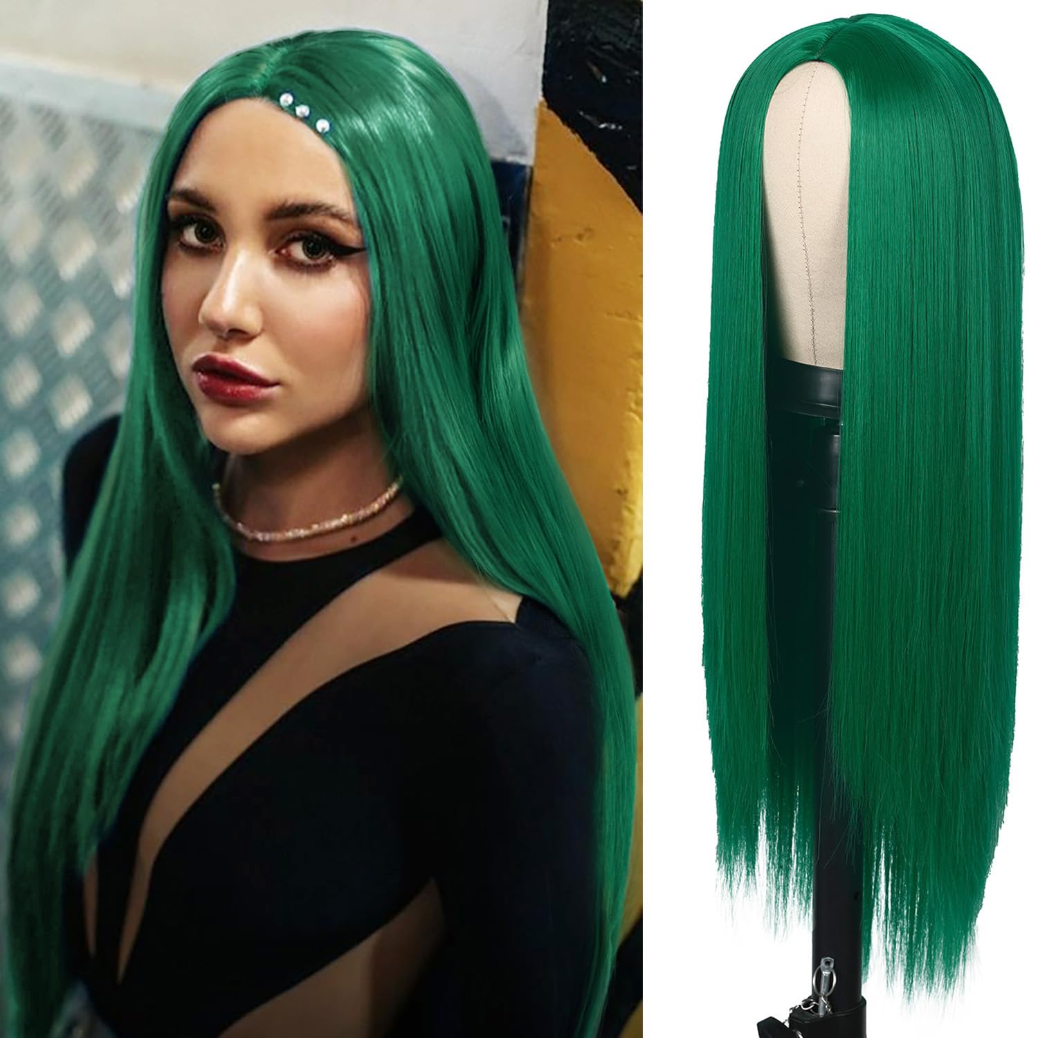 Amazon.com : Lady Hanne Long Green Wigs Silky Straight Middle Part ...