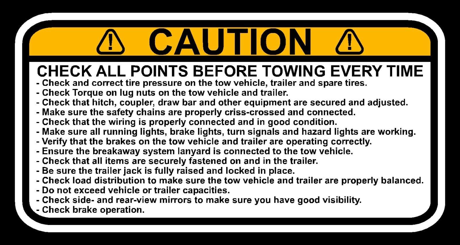 Amazon.com - Reflective Trailer Safety Towing Checklist Caution Decal ...