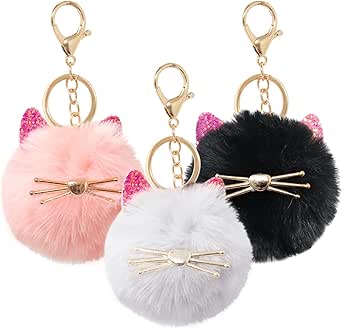 yueton 3PCS Cute Fluffy Animal Cat Keychain Faux Rabbit Fur Pom Pom ...