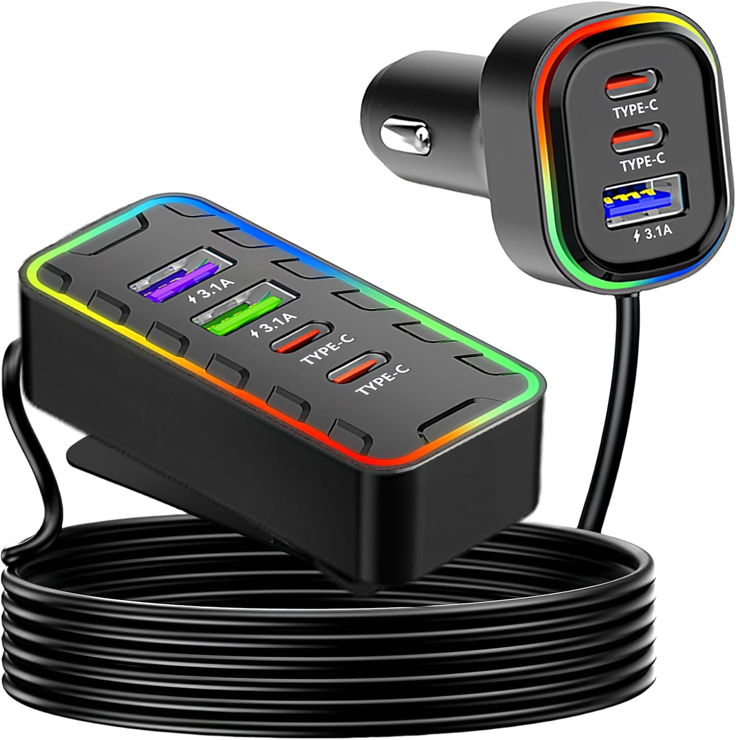 5FT/152CM USB C Car Charger 7-Port, PD 30W & QC3.0 Super Fast Charging ...