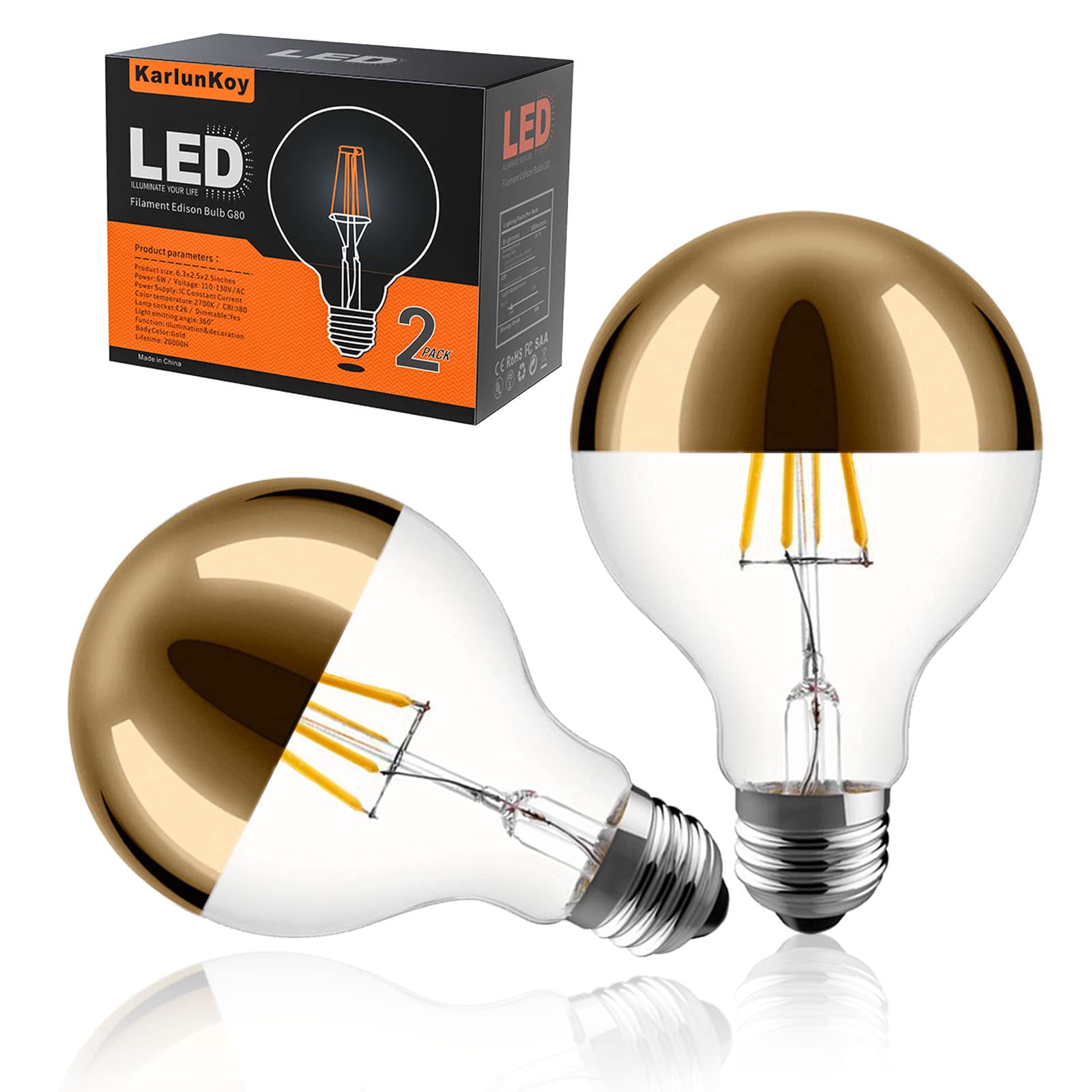 KarlunKoy Large Half Gold Light Bulb,8W (80W Equivalent) Dimmable LED ...