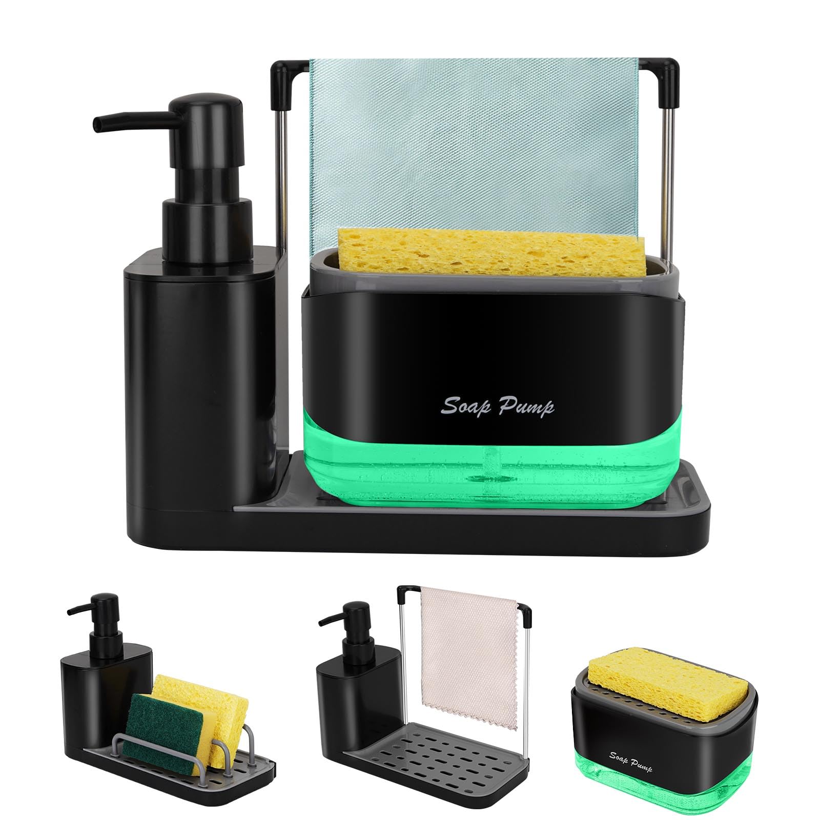 Kitchen Dish Soap Dispenser Set with Tray,3-in-1 Hand and Dish Soap ...