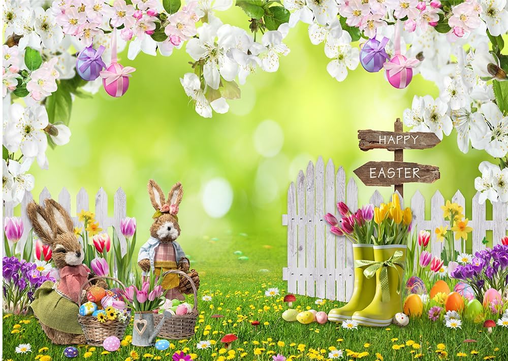Amazon.com : AOFOTO 7x5ft Happy Easter Backdrop Colorful Eggs Hunt Bunny Cartoon Spring Floral ...