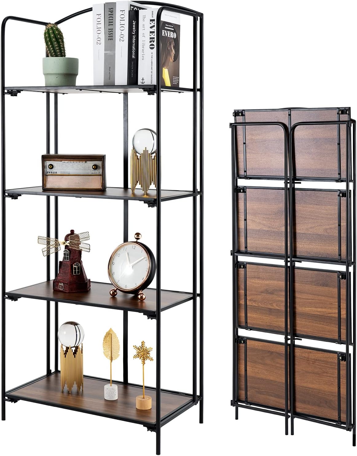 Buy Crofy No Assembly Folding Bookshelf, 4 Tier Bookcase, Premium Metal ...
