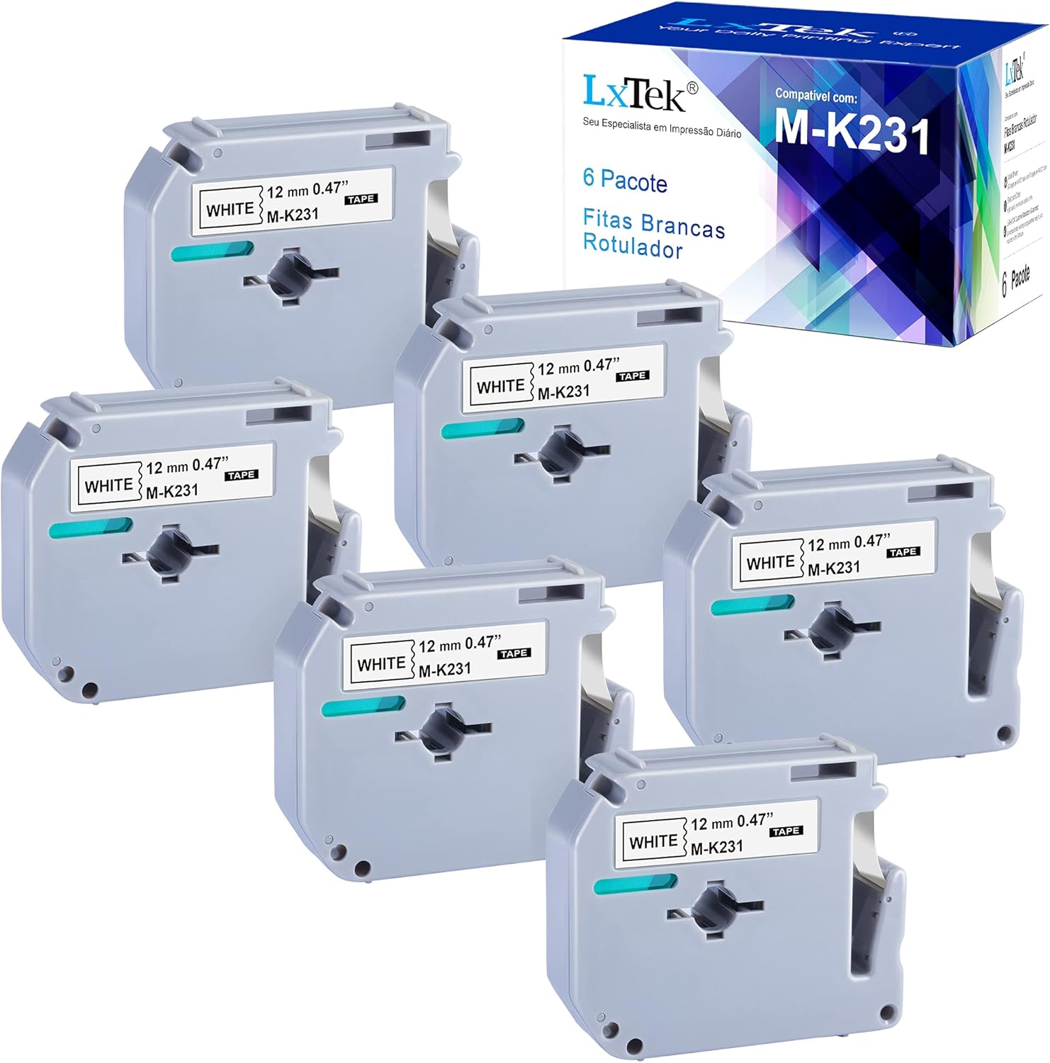 M-K231 KIT COM 6 FITAS BRANCAS ROTULADOR BROTHER COMPATÍVEL M-K231 MK231 M231 M-K231S Compatível ...