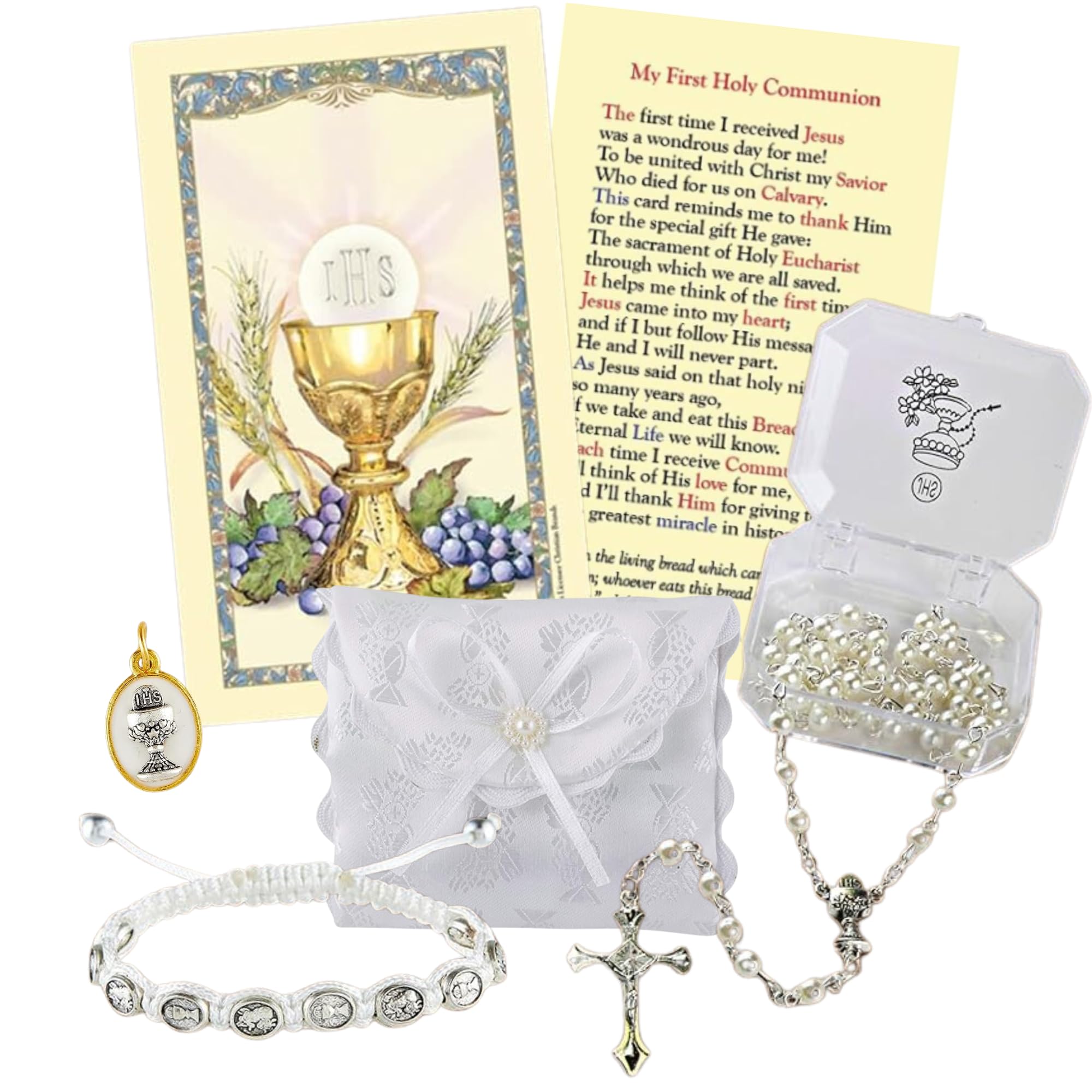 Amazon.com: First Communion Gift Set For Girls, White Rosary, Medal ...