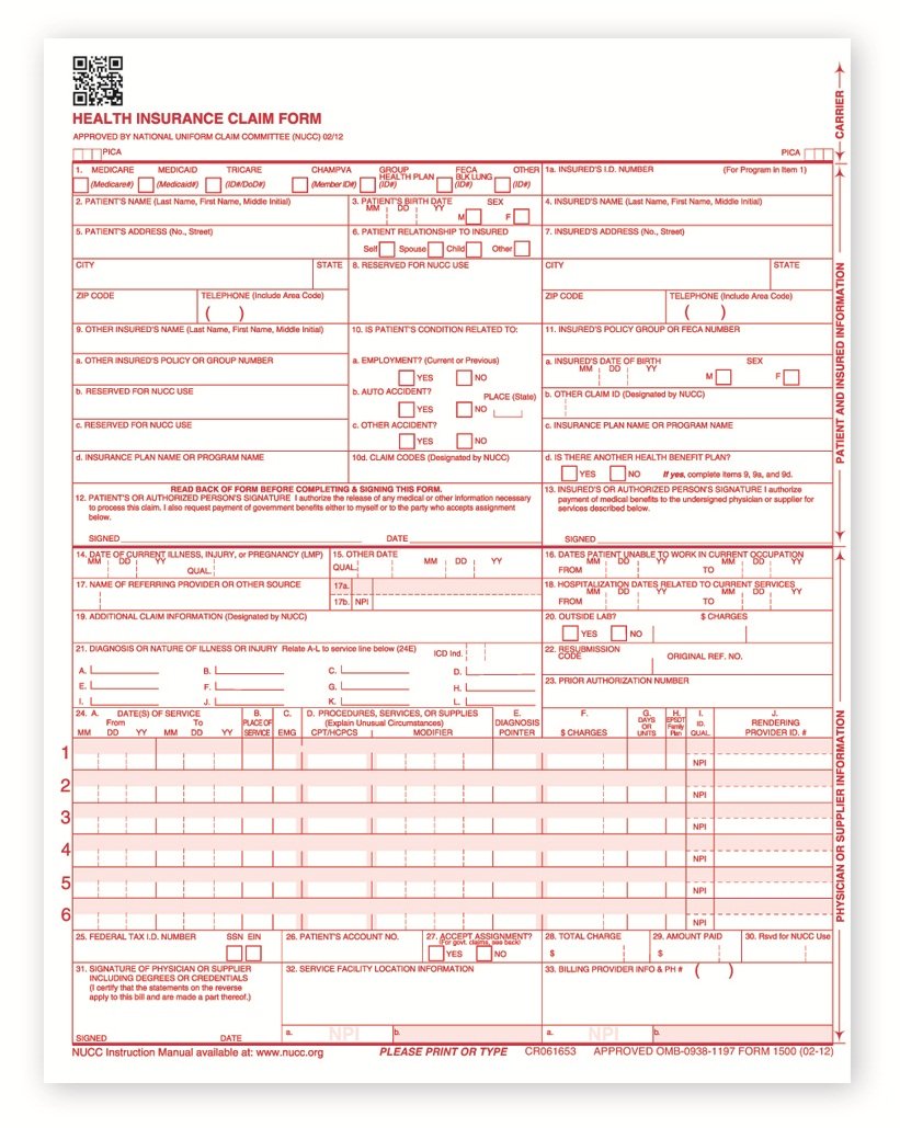 New CMS 1500 Health Insurance Claim Forms, HCFA Approved Version (02/12 ...