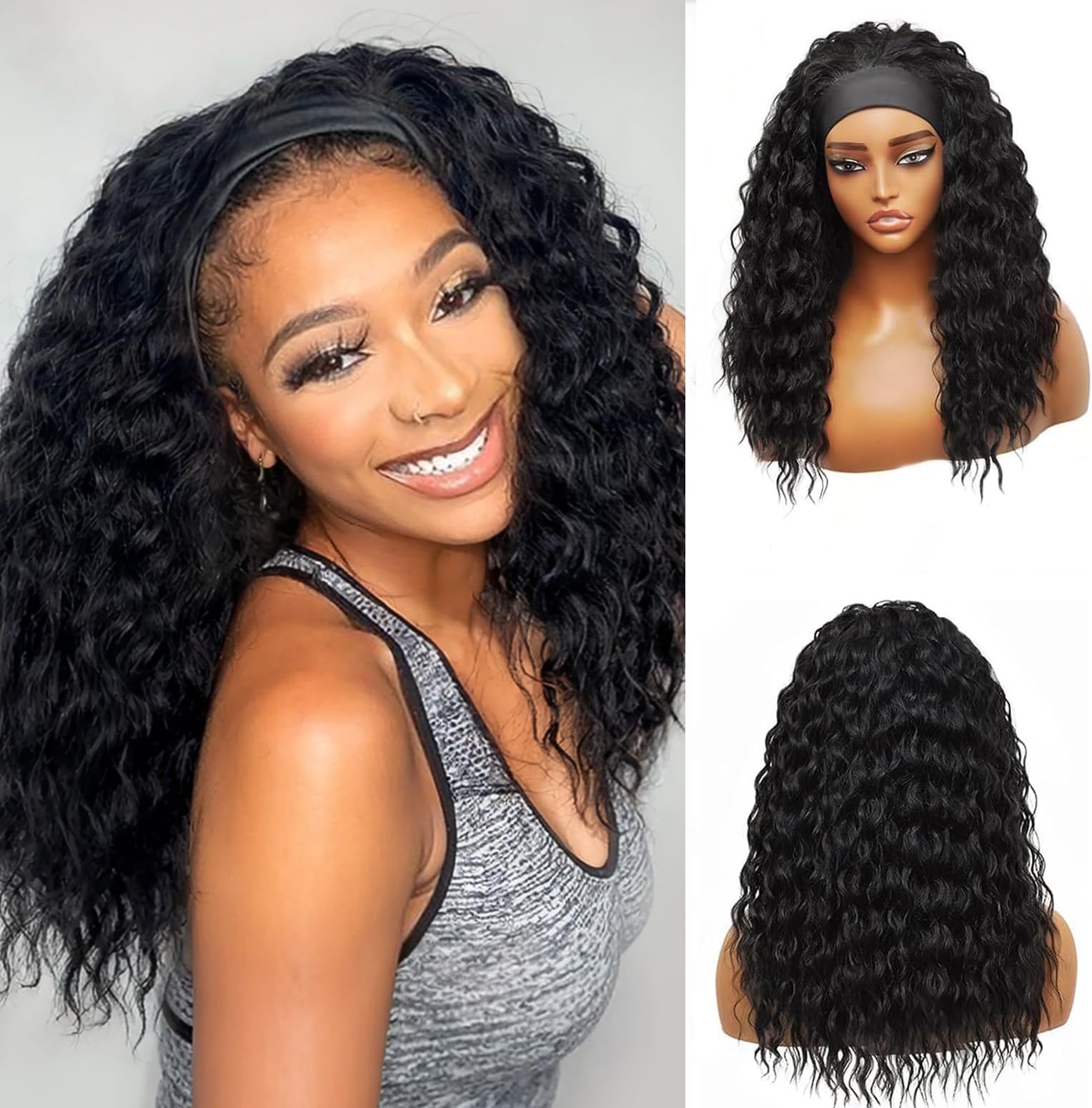Amazon.com : Amikilna Curly Wig Deep Wave None Lace Front Headband Wigs ...