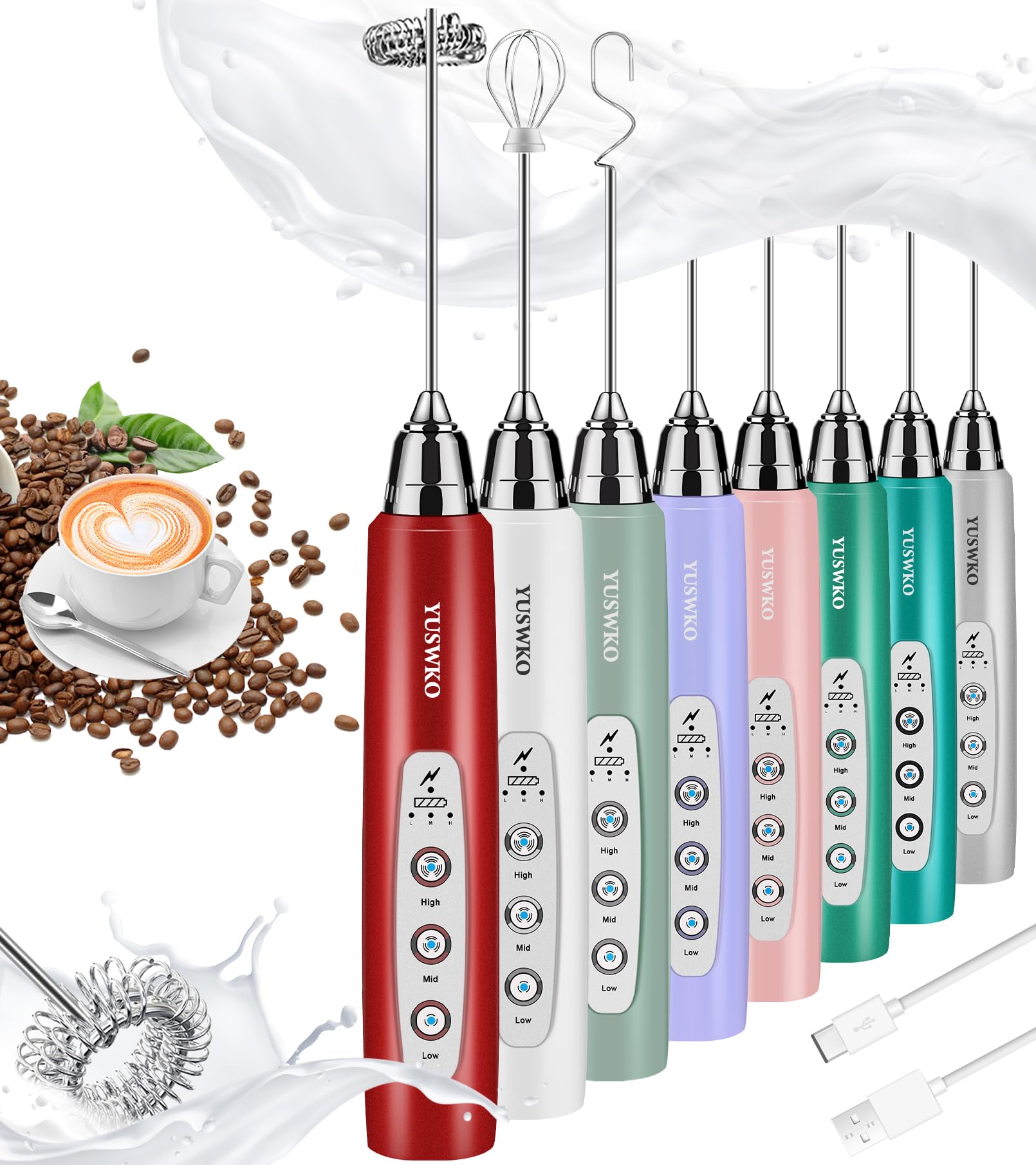 Amazon.com: YUSWKO Milk Frother Handheld with 3 Heads, Electric Whisk ...