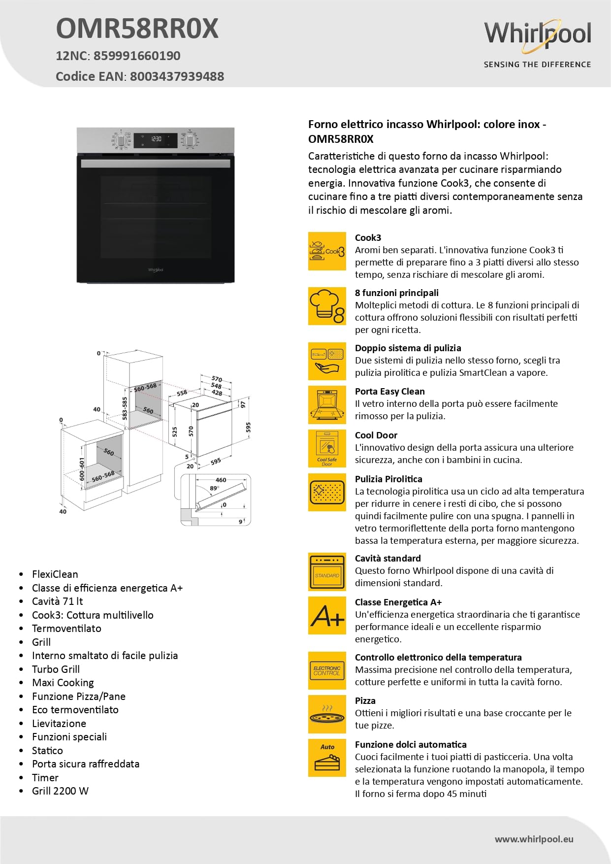 Whirlpool WOI4IS8PM0SXA Forno multifunzione Inox 17 funzioni Pizza310 ...