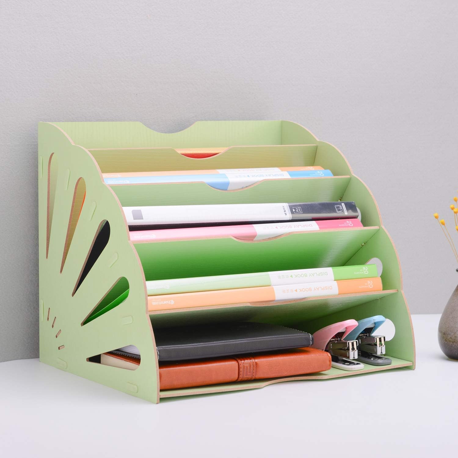 Amazon.com : File Folder Holder Wood Organizer 5 Compartment, File ...