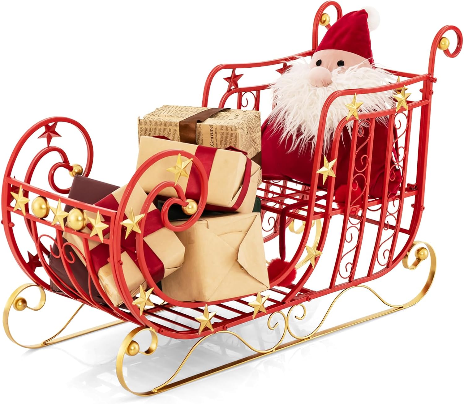 Amazon.com: GOFLAME Christmas Sleigh Decoration, Large Red Metal Santa ...