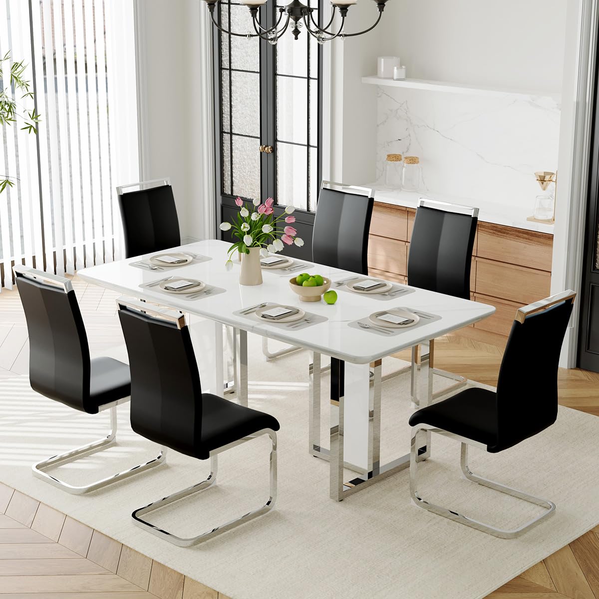 Amazon.com - MEMUY 63" Dining Table Set for 6,White Dining Table Set ...
