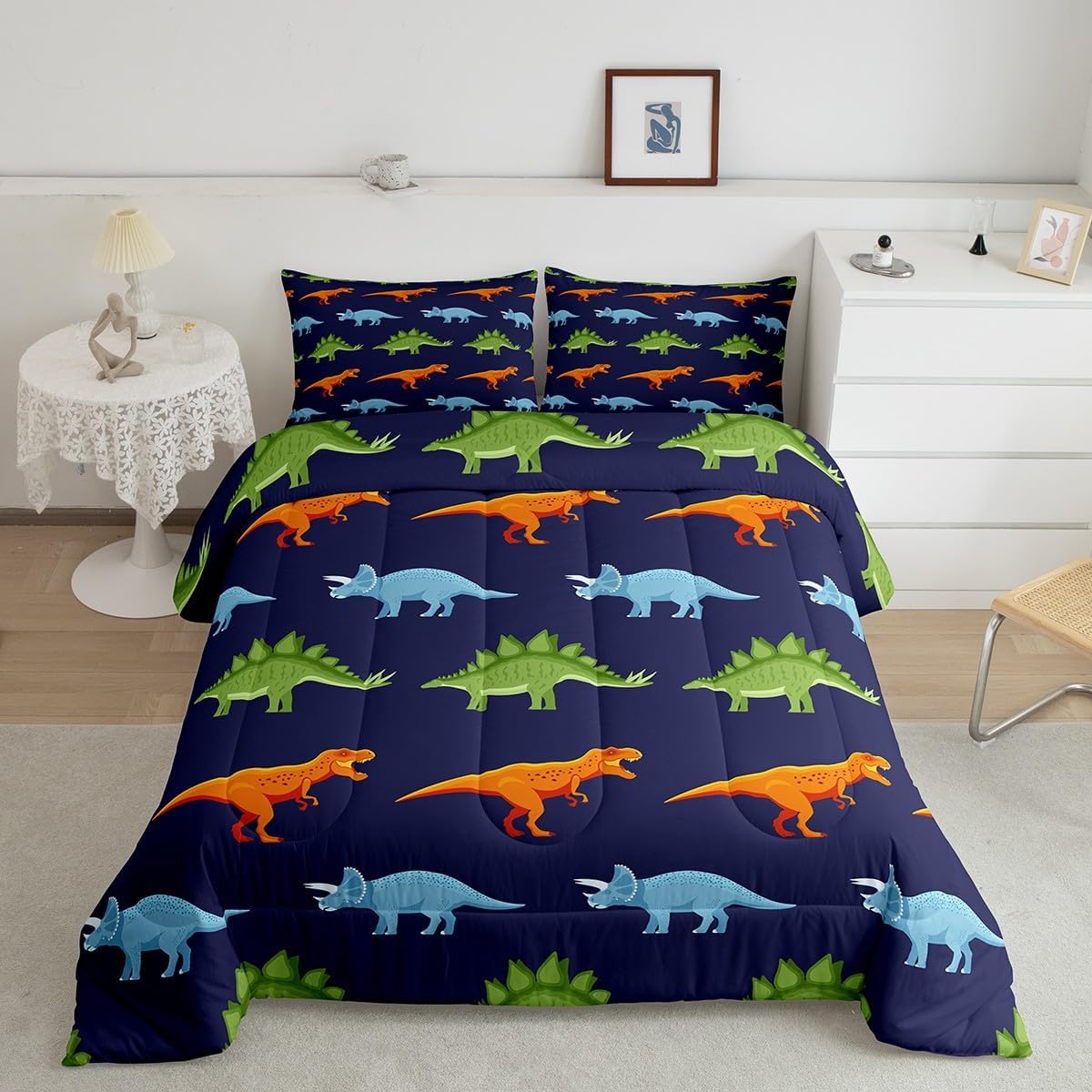 Amazon.com: Cartoon Dinosaur Bedding Set Full, Dark Blue Dinosaur ...