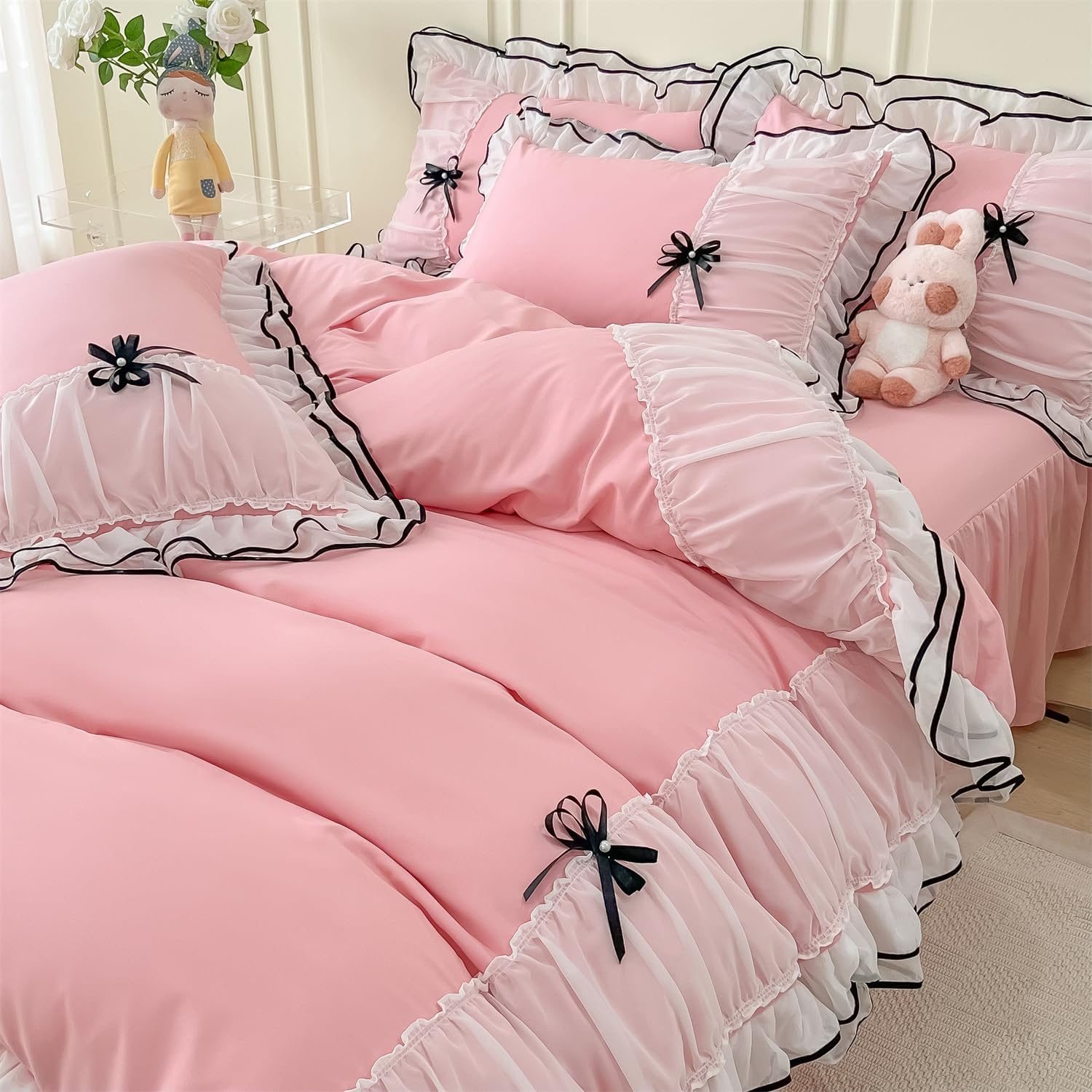 Amazon.com: MOOWOO Pink Bedding-Romantic Ruffle Lace Bedding Set 3 ...