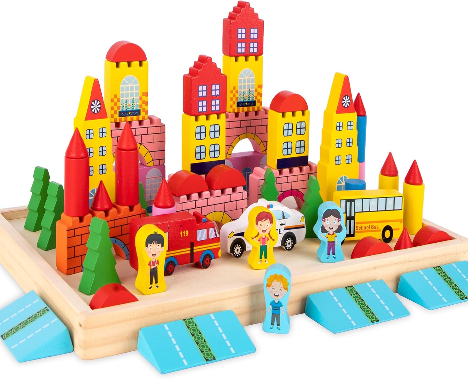 Amazon.com: ArtCreativity Wooden Town Playset for Kids - 55 Piece Block ...