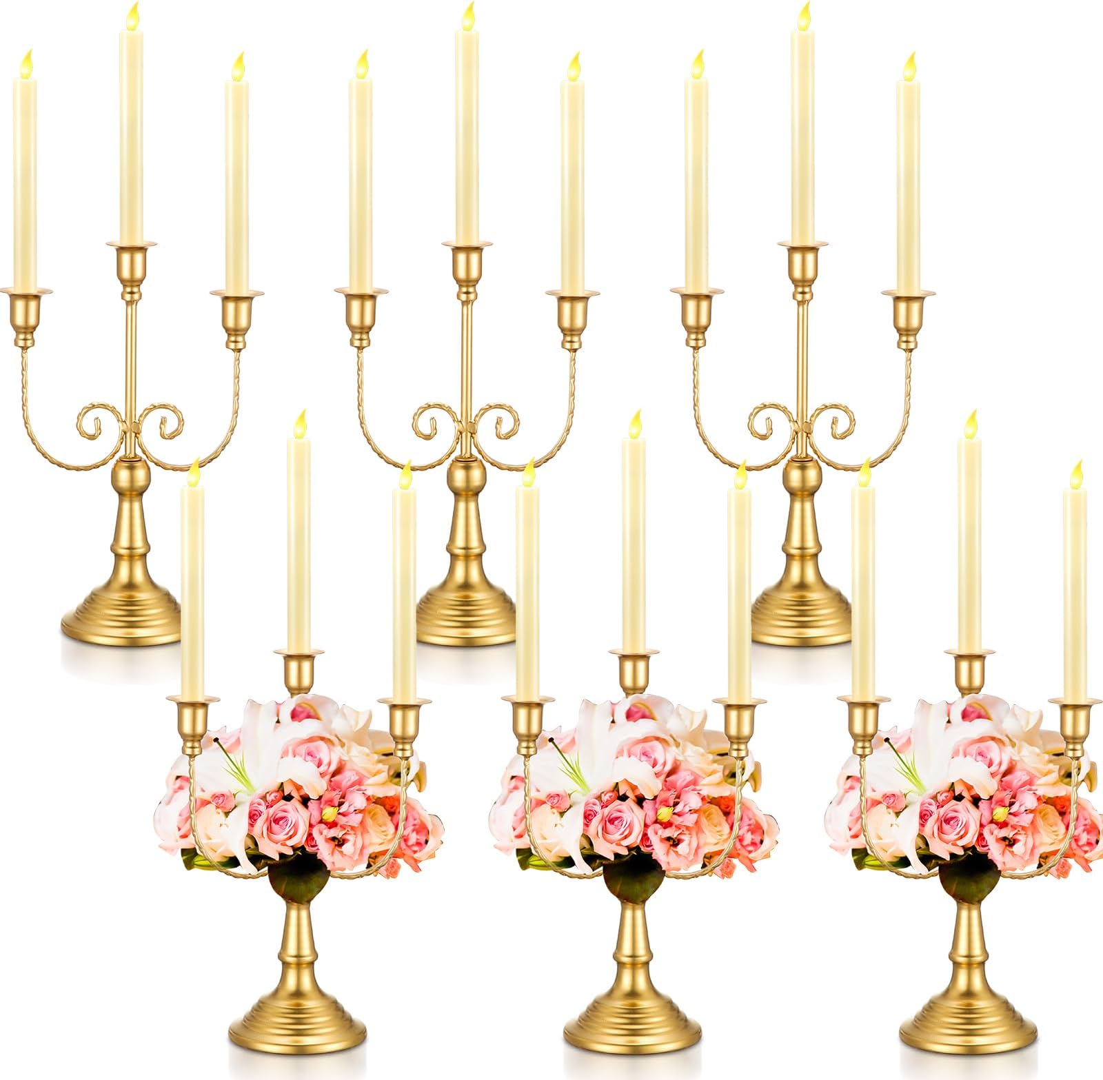Amazon.com: Hushee 6 Pcs Gold Candelabra Candle Holders 5 Arm 12" Metal ...