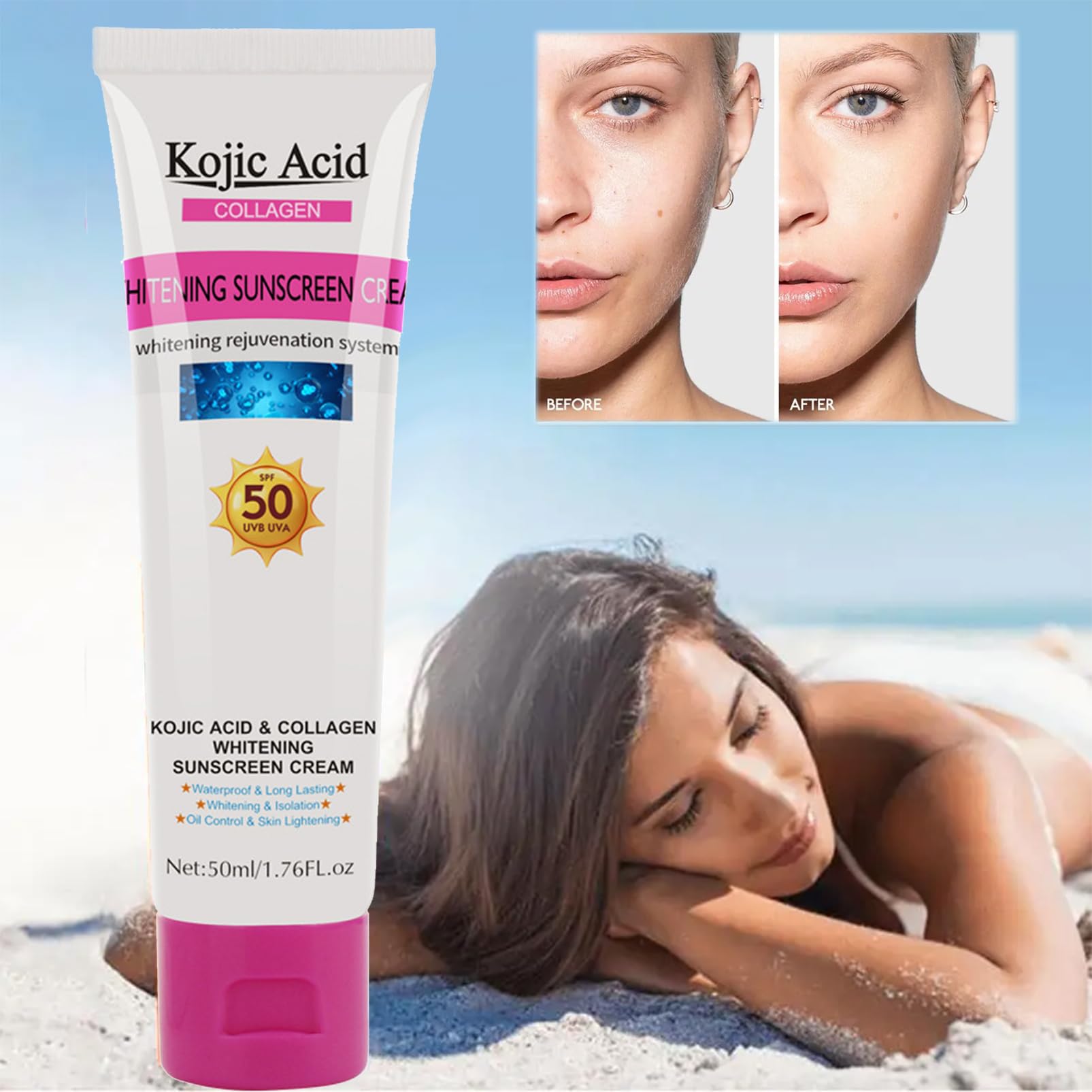 Kojic Acid SPF 50 Face MoisturiserFace Sunscreen SPF 50 Protection ...