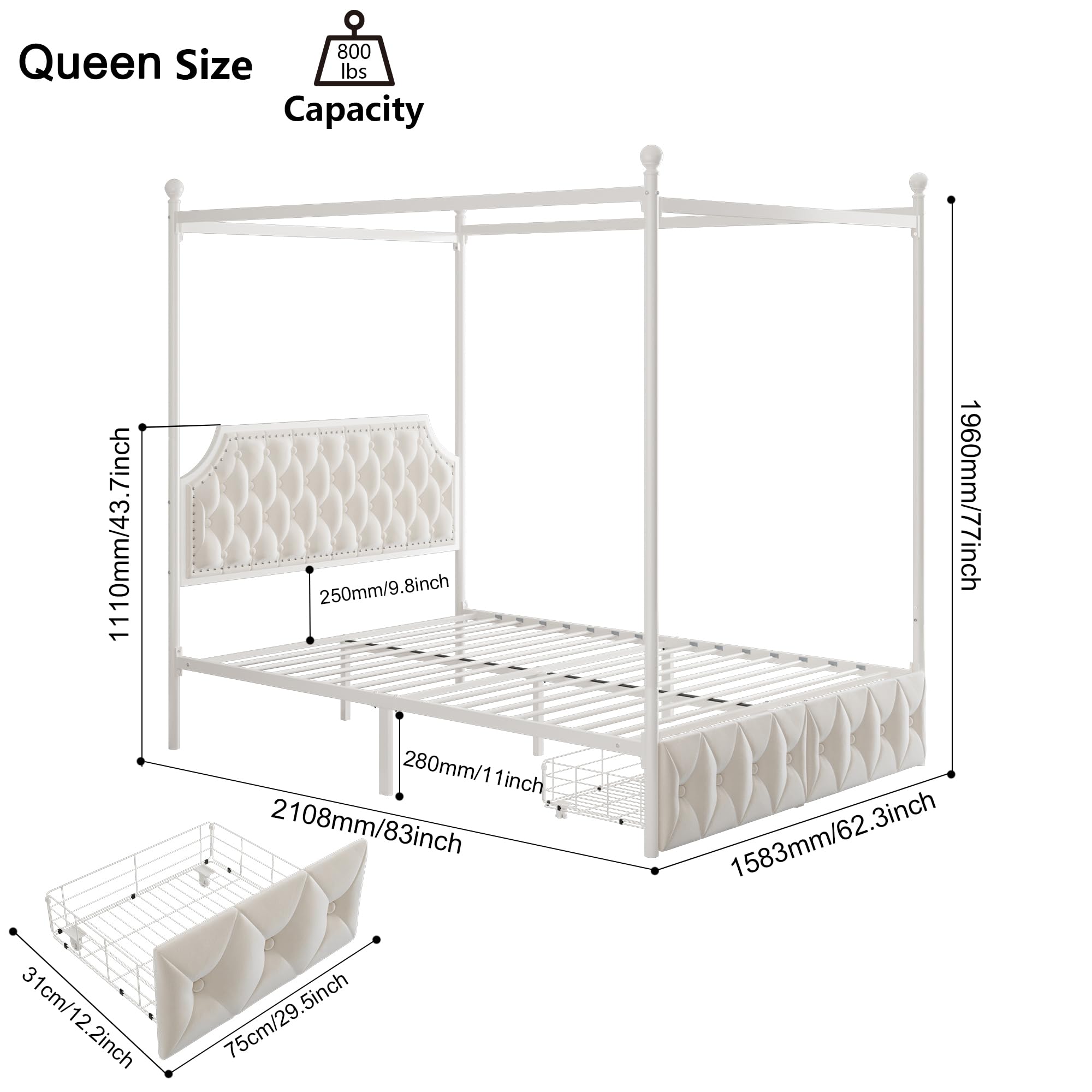 Keyluv Queen Upholstered Canopy Bed Frame with 2 Drawers and Button ...