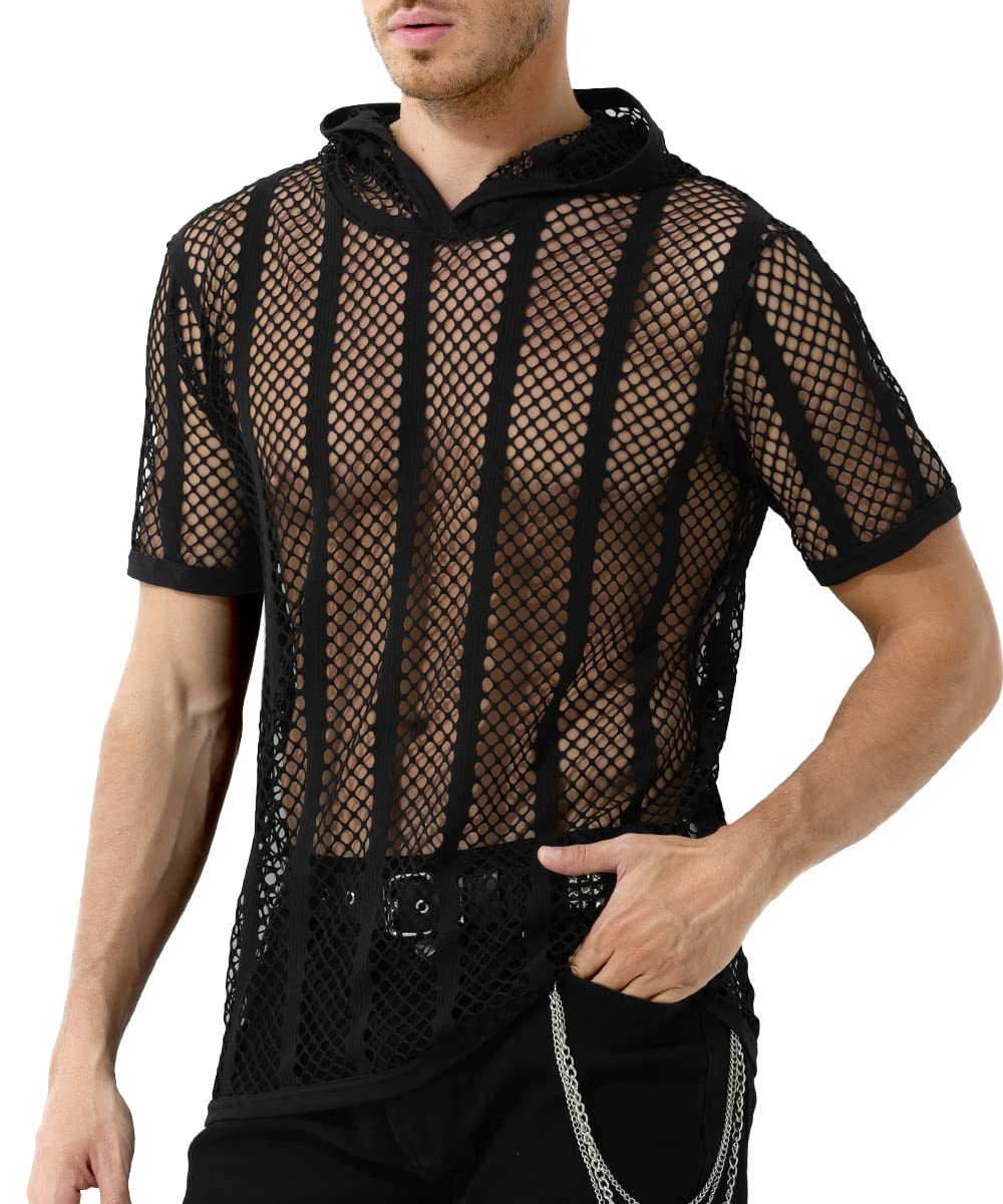 Casey Kevin Men's Mesh Top Fishnet T Shirt with Hoodie Large Black for ...