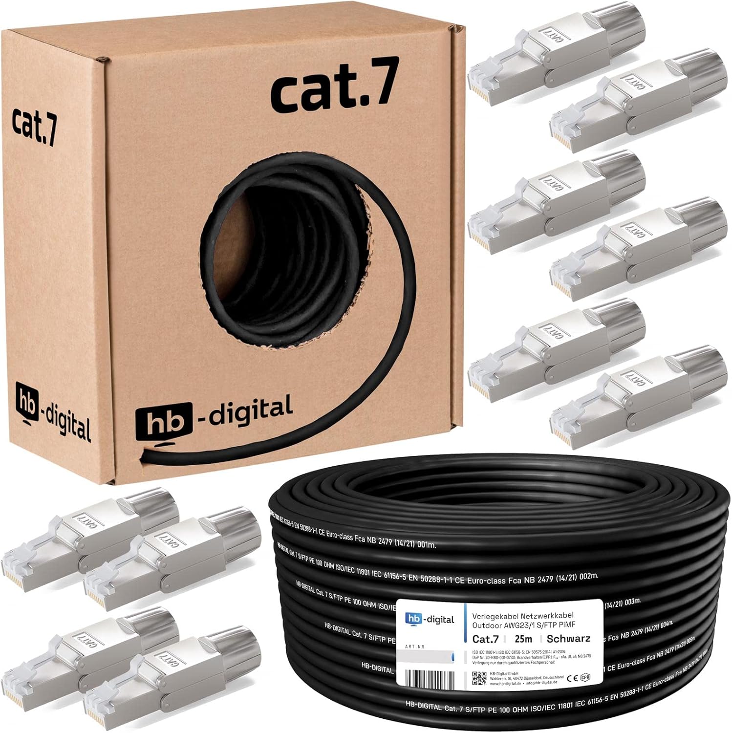 hb-digital 25m Cat 7 Verlegekabel Outdoor schwarz AWG23/1 PE S/FTP ...