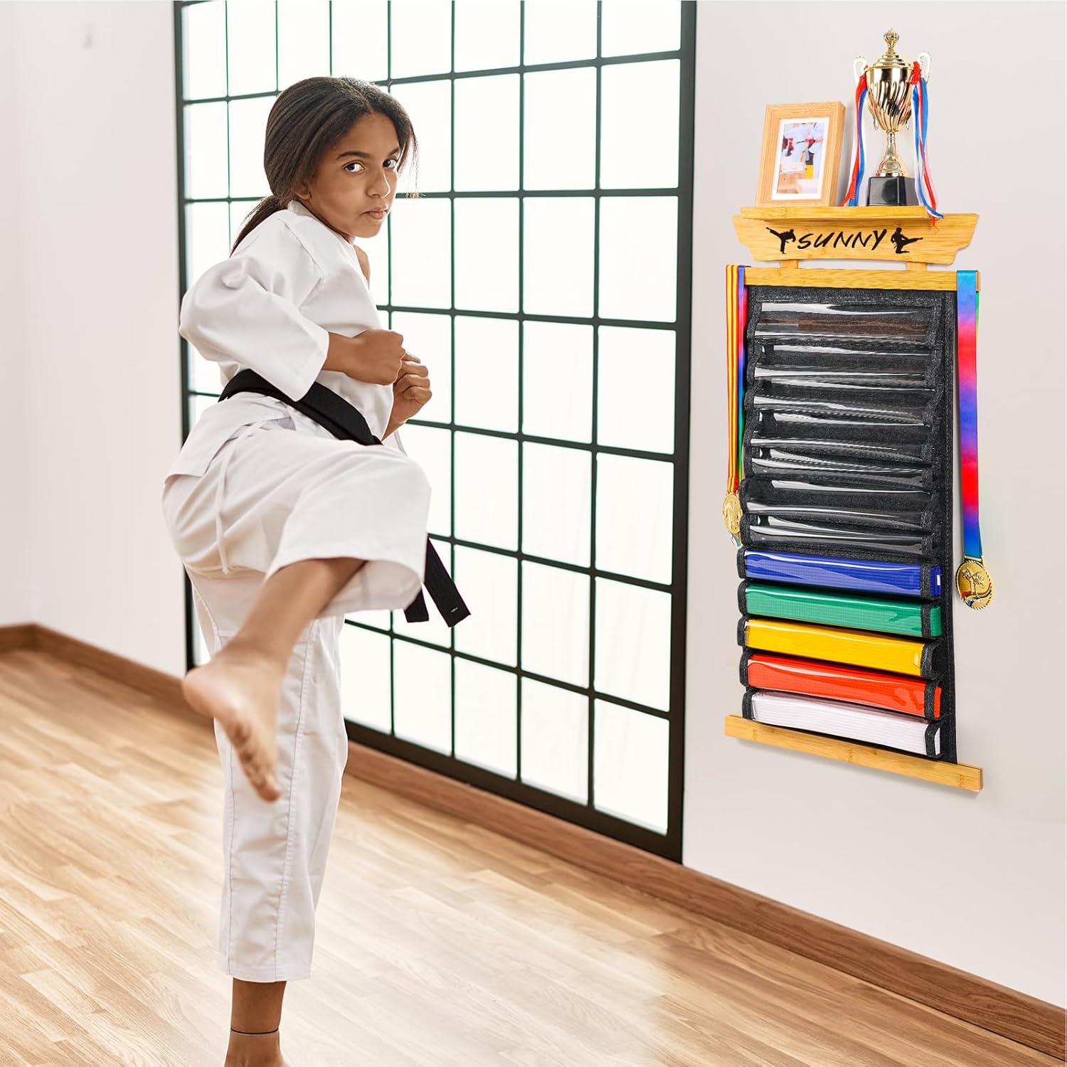 Tilhumt 12 Belts Karate Belt Display Rack with Stickers, Taekwondo Belt ...