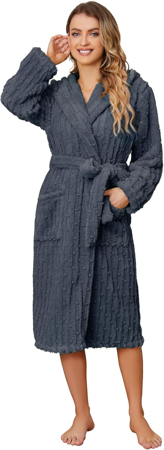 HEARTNICE Fuzzy Soft Robes for Women, Long Plush Hooded Robe Fluffy ...