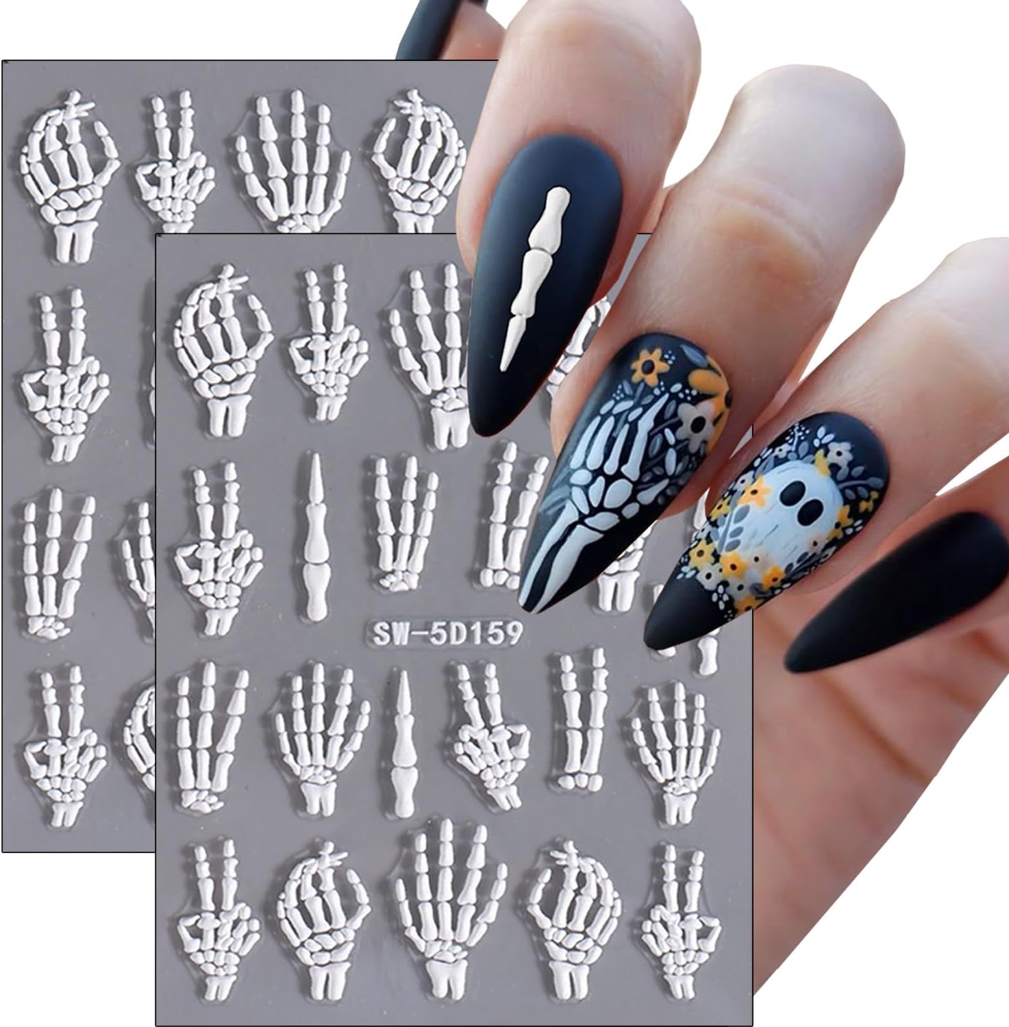 Amazon.com: 2 Sheets Halloween White Skeleton Bones Nail Art Stickers ...
