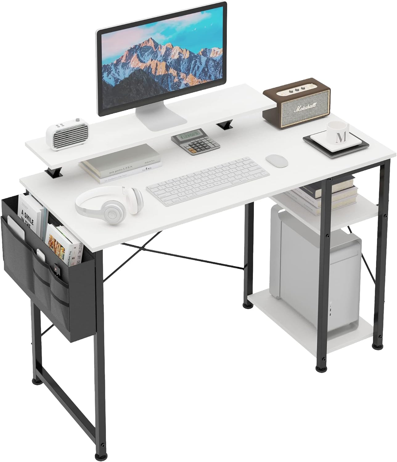 CAIYUN 100cm Computer Desk with Monitor Stand & 2-Tier Storage Shelves ...