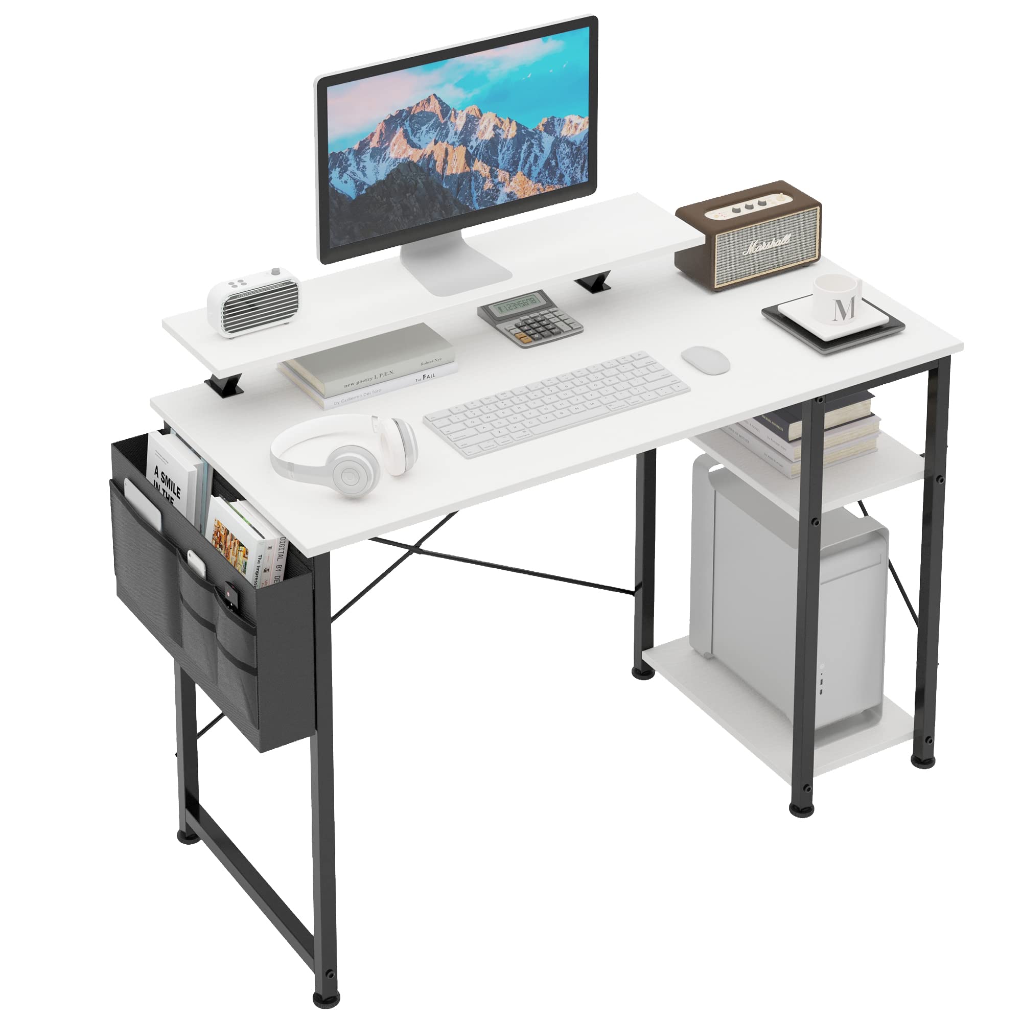 CAIYUN 100cm Computer Desk with Monitor Stand & 2-Tier Storage Shelves ...