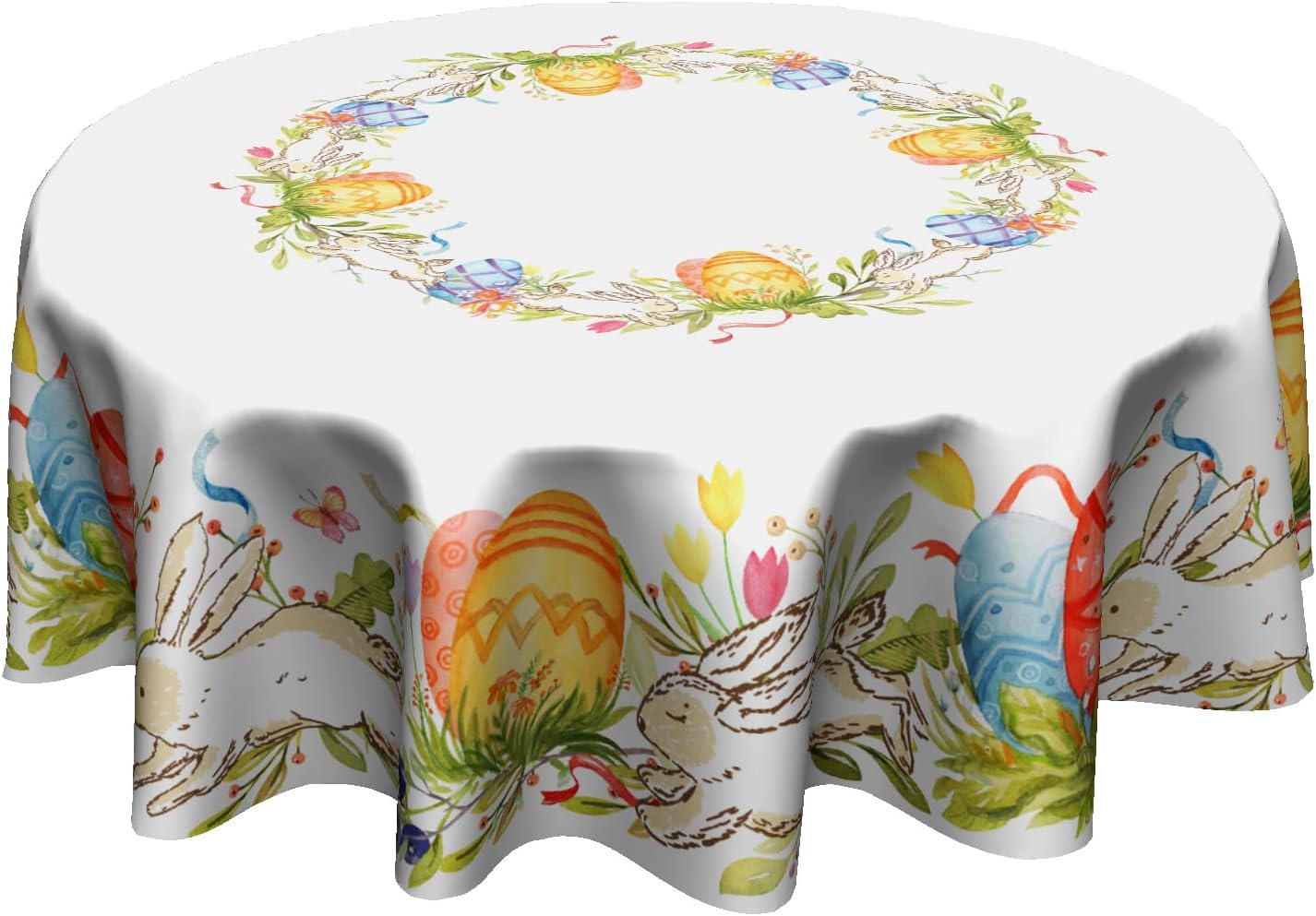 Giwawa Easter Tablecloth Round 60 Inch Cute Bunny Colorful Easter Eggs ...