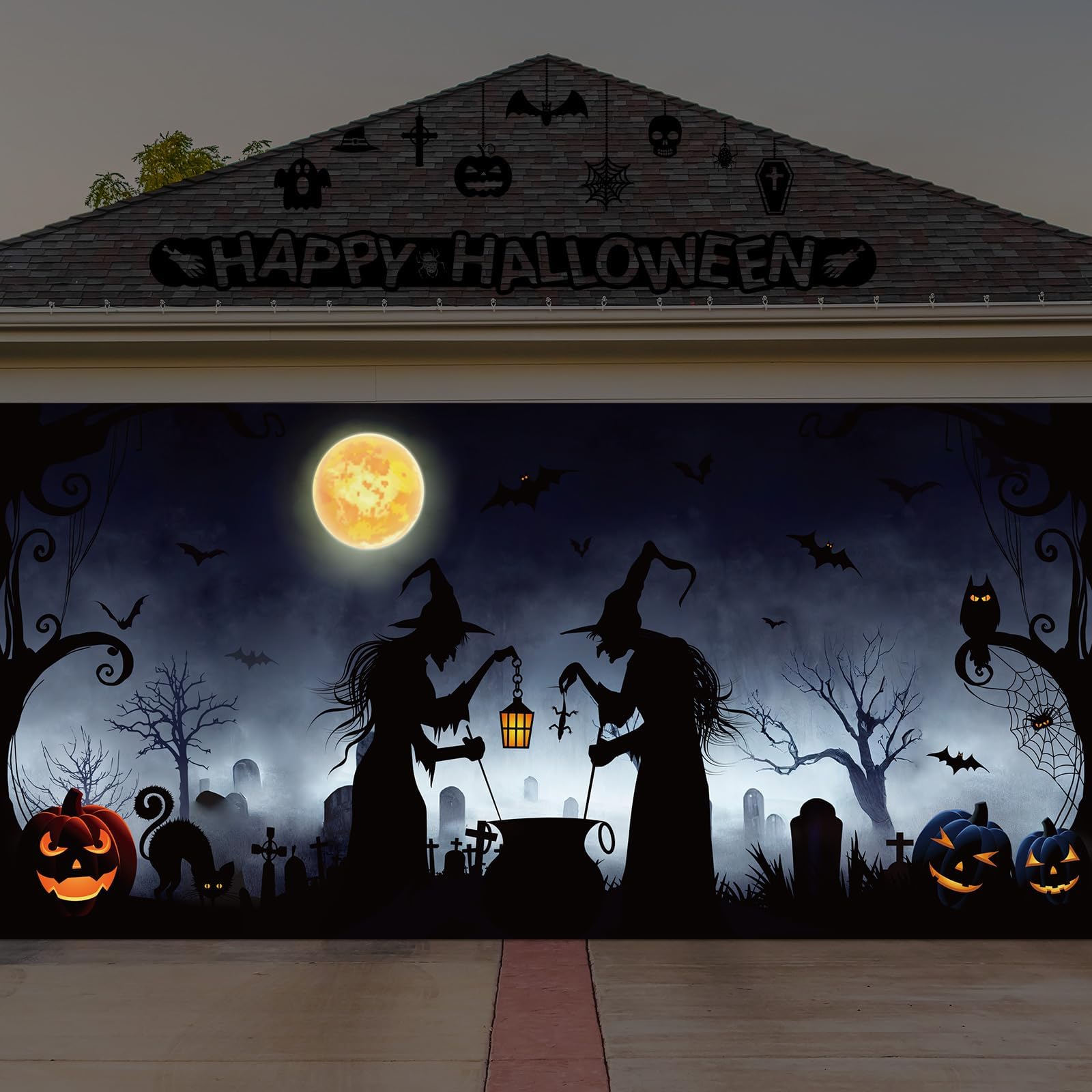 Amazon.com: Preboun Halloween Garage Door Decorations Witch Halloween ...