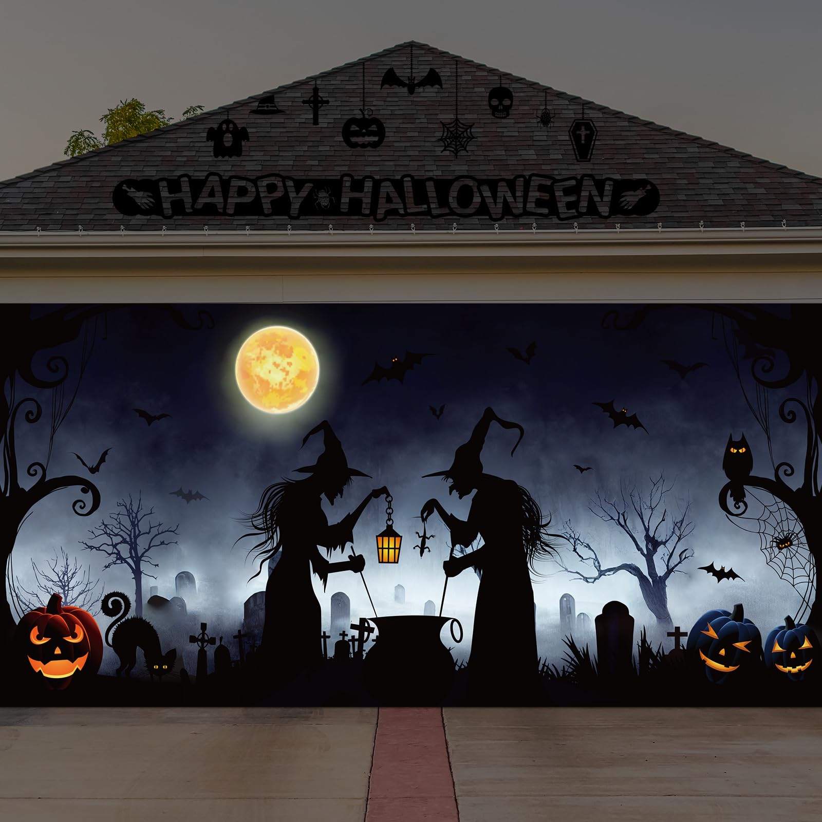 Amazon.com: Preboun Halloween Garage Door Decorations Witch Halloween ...