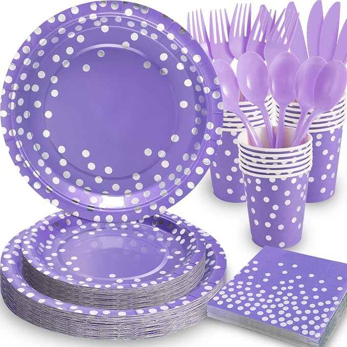 Amazon.com: Gudvilla Purple Plates and Napkins Party Supplies 168Pcs ...