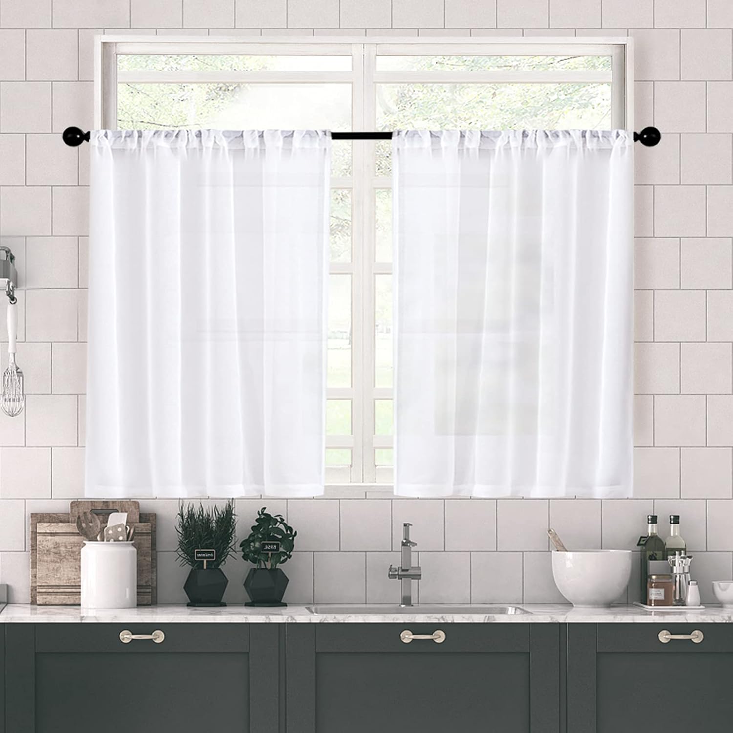 Amazon.com: MRTREES Sheer Curtain Tiers 36 inch Length White Kitchen ...