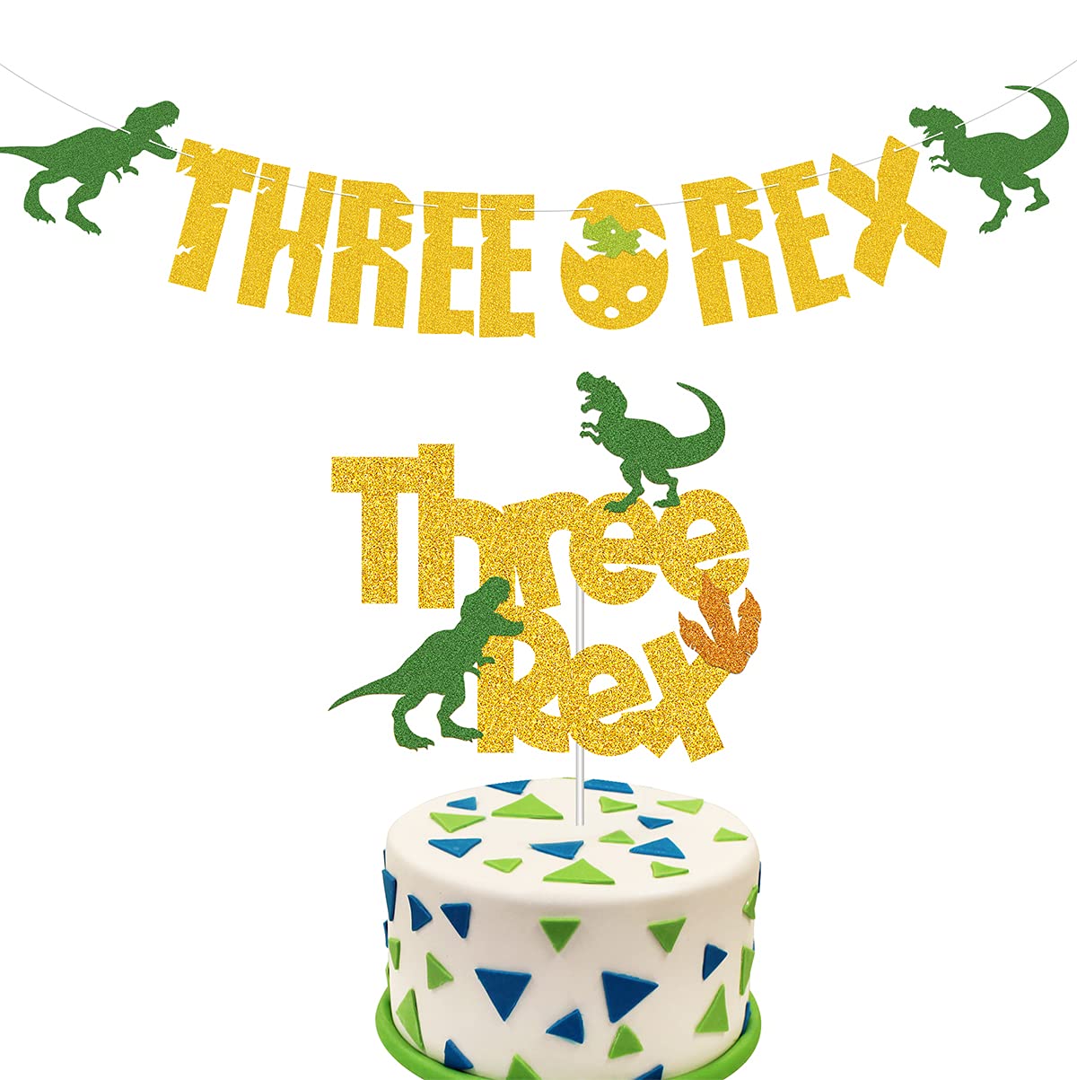 Buy JUYRLE Dinosaur Three Rex Banner and Cake Toppers, 3rd Birthday ...