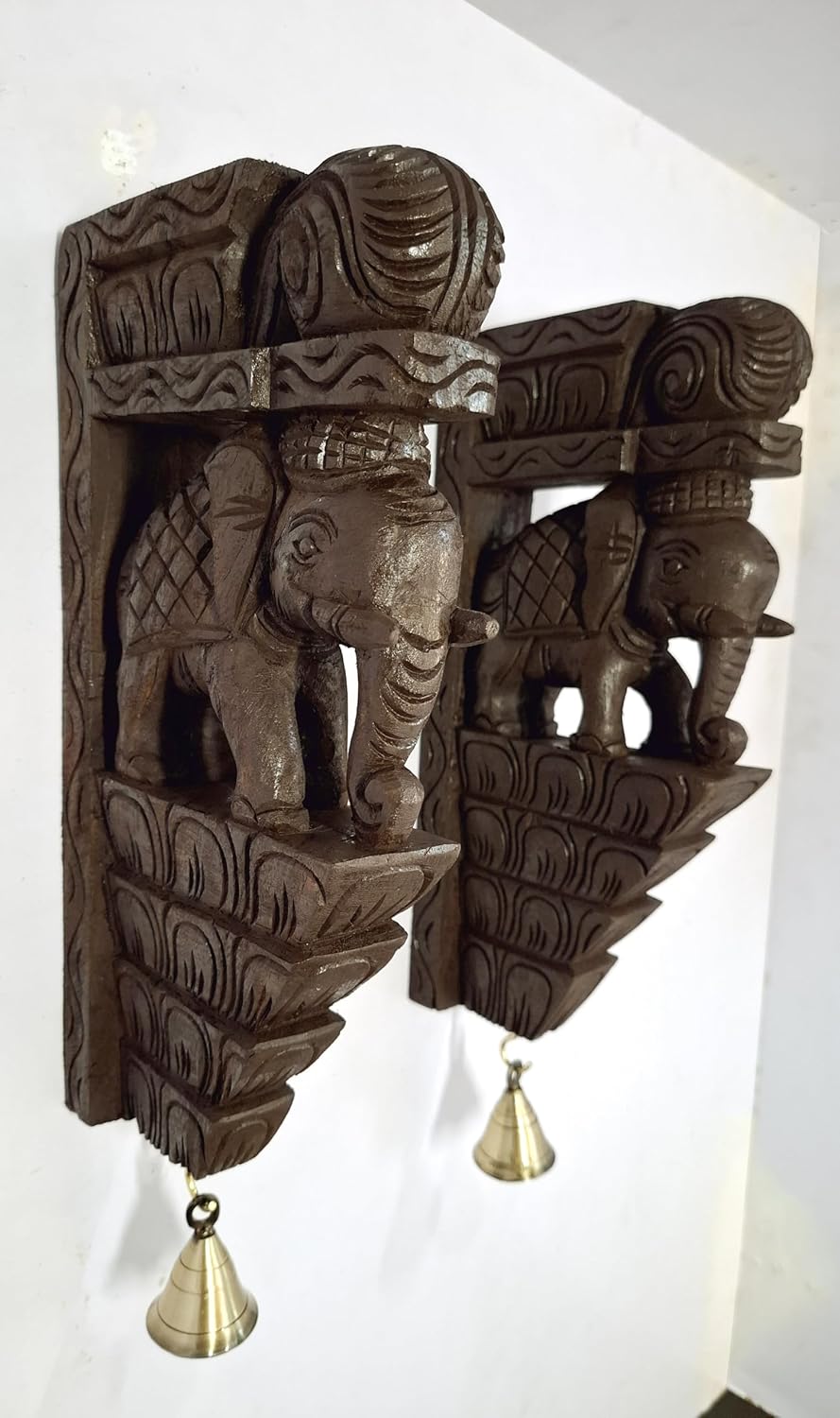 JLine Arts Wooden Wall Bracket Elephant Pair with Brass Bells, Brown ...