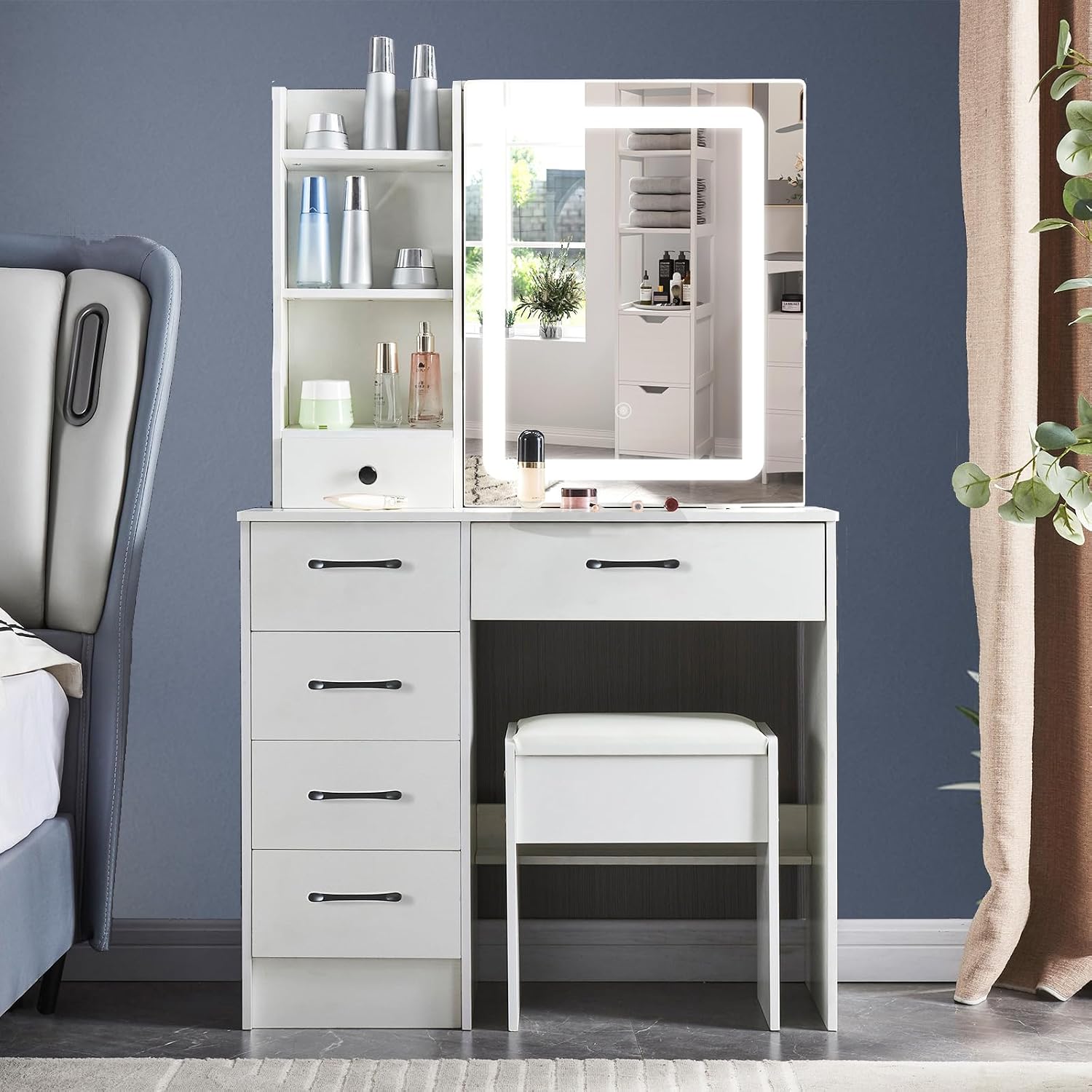 Puselo Dressing Table Vanity Makeup Table with Lights Mirror, Drawers ...