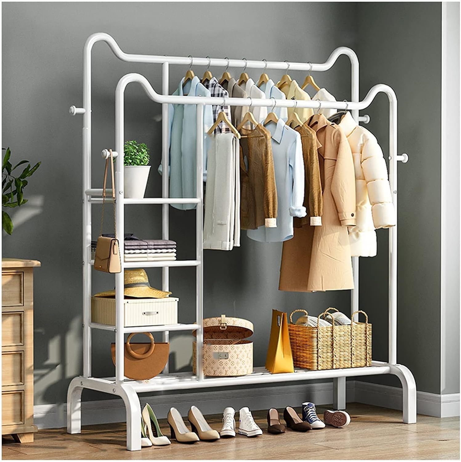 Double Pole Clothing Rack Freestanding Coat Hanger Garment Drying Rack ...