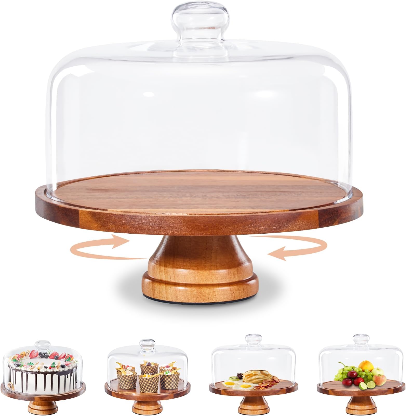 Amazon.com: Yangbaga Glass Cake Stand with Lid,11in Wooden Rotating ...