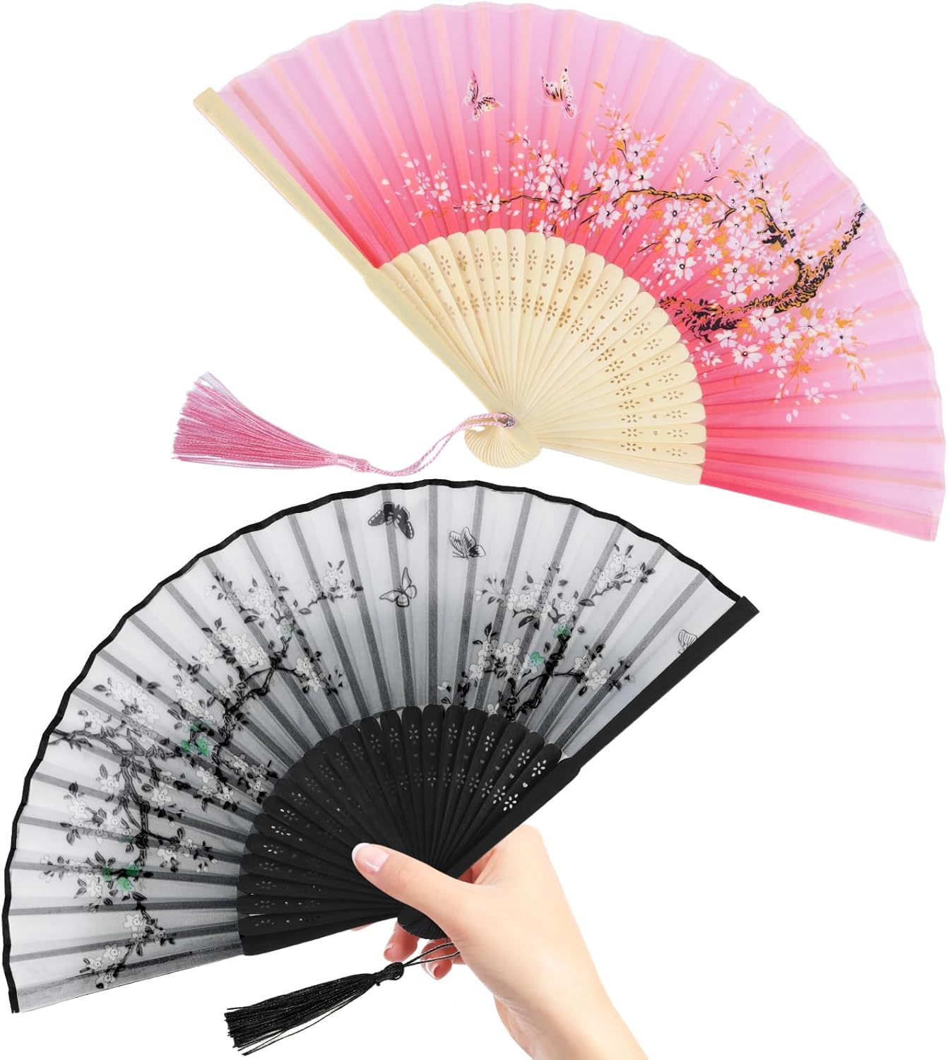 ARDFFA Fecher Women's Hand Fan Black and Pink Folding Fan with Tassel ...